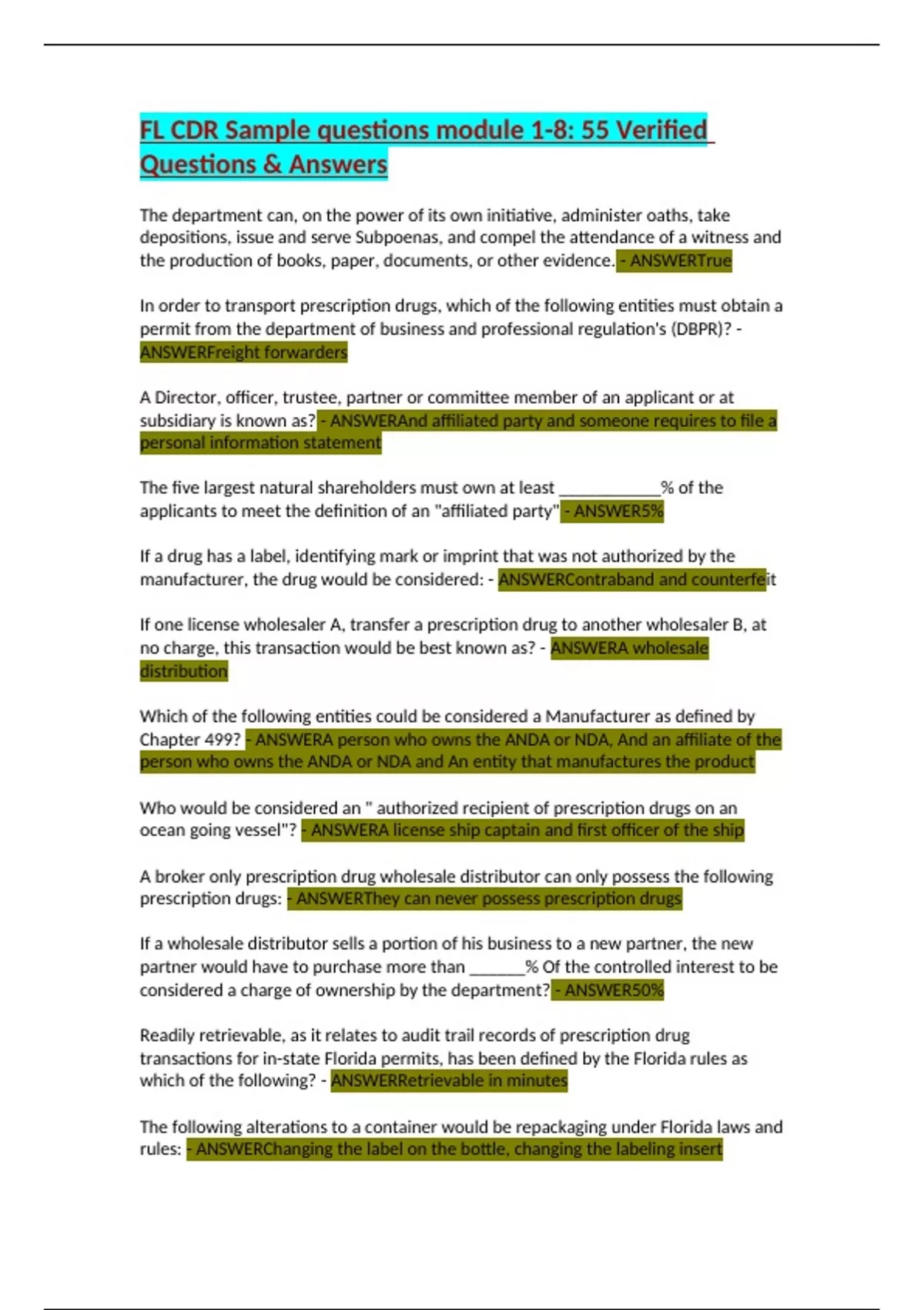 FL CDR Sample questions module 1 - FL CDR - Stuvia US