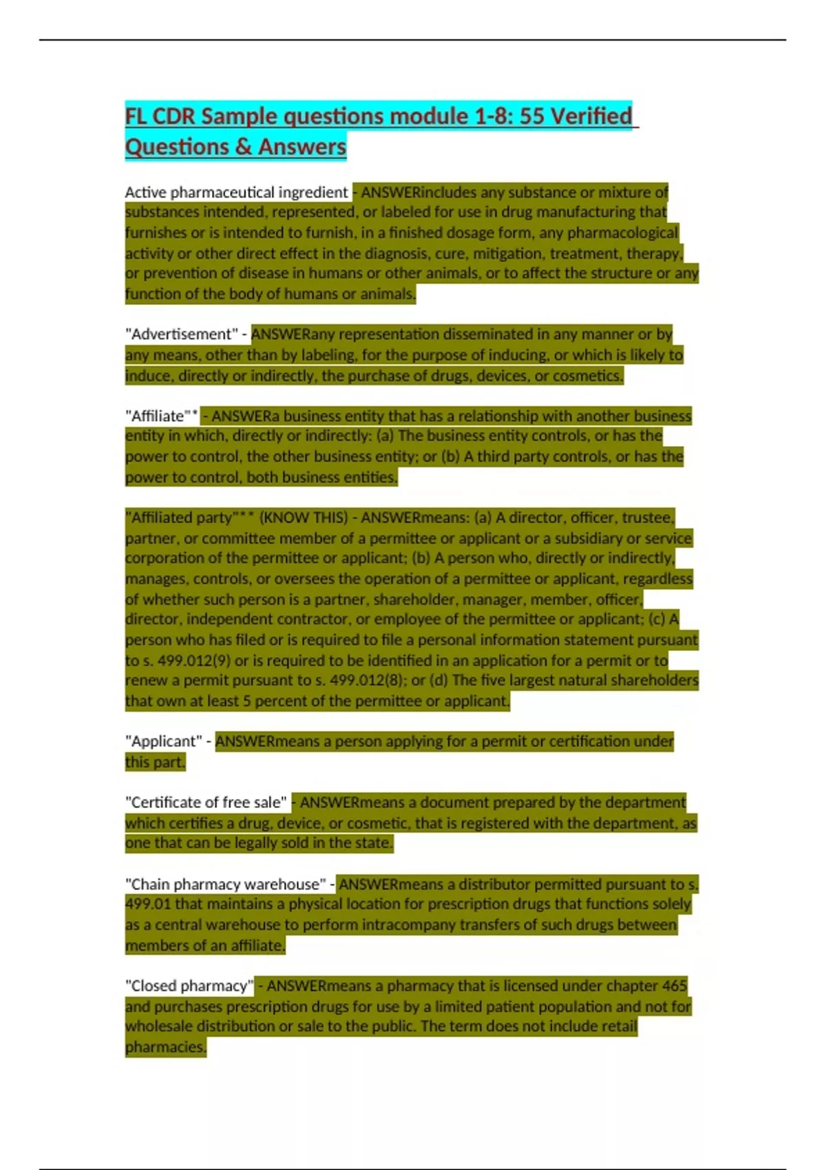 FL CDR Sample questions module 1 - FL CDR - Stuvia US