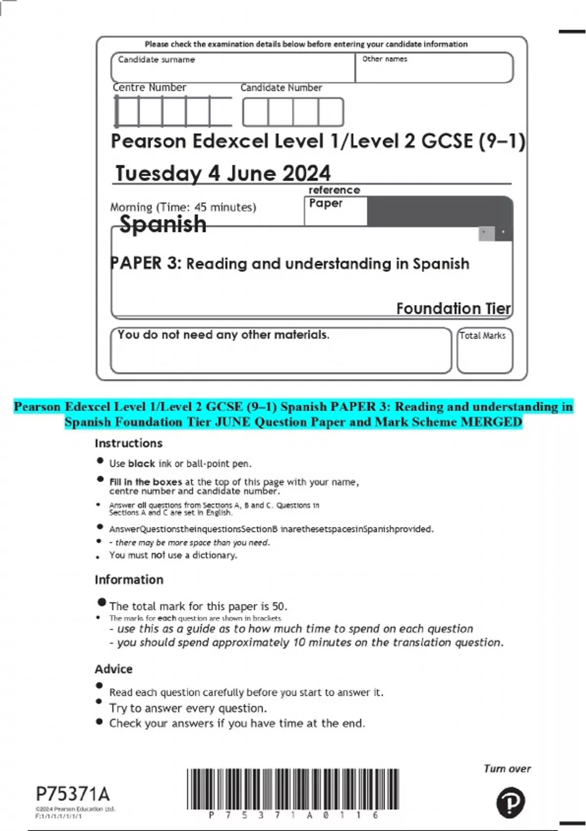 Pearson Edexcel Level 1/Level 2 GCSE (9–1) Spanish PAPER 3: Reading and ...