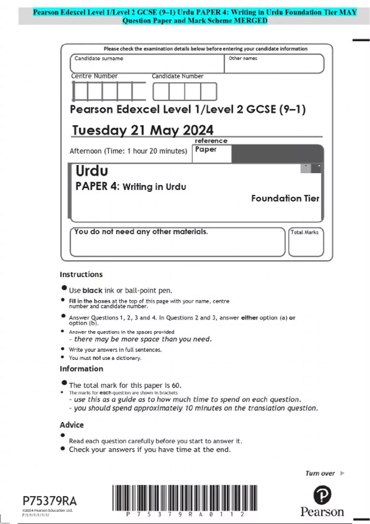 Pearson Edexcel Level 1/Level 2 GCSE (9–1) Urdu PAPER 4: Writing in ...