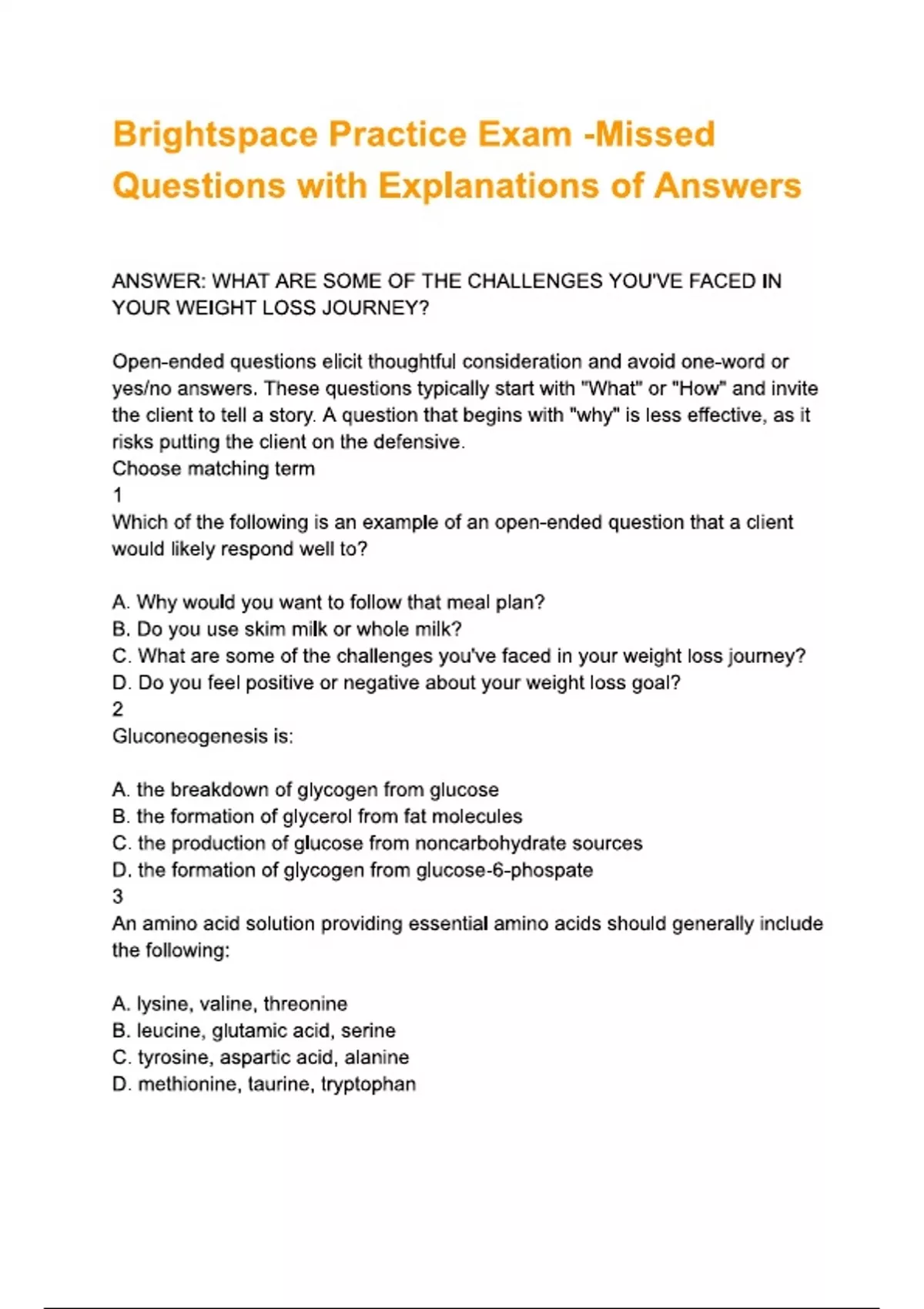 Brightspace Practice Exam -Missed Questions and Answers (100% CORRECT ...