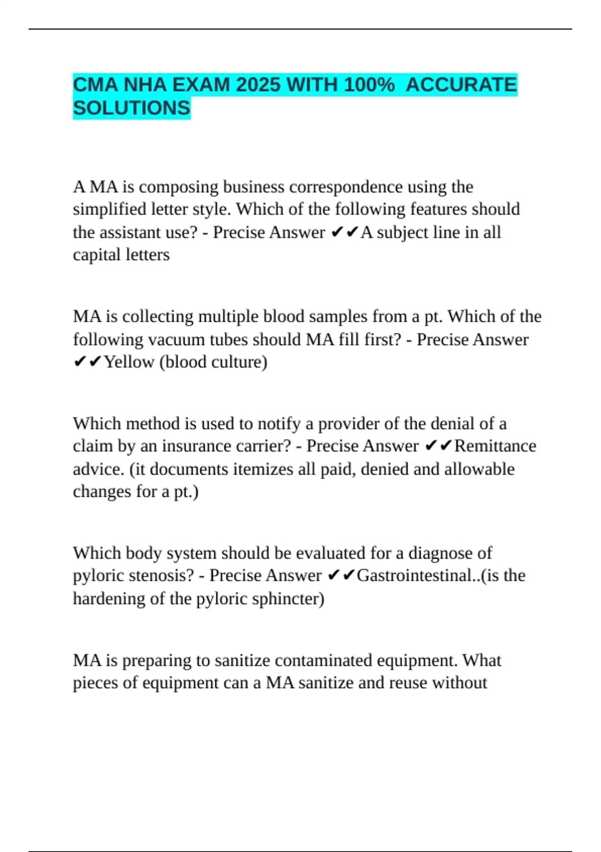 CMA NHA EXAM 2025 WITH 100% ACCURATE SOLUTIONS - CMA NHA - Stuvia US