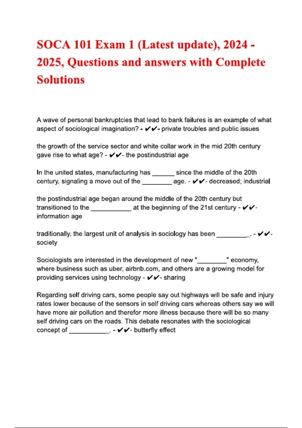 SOCA 101 Exam 1 Questions and Answers (100% CORRECT ANSWERS) ALREADY ...