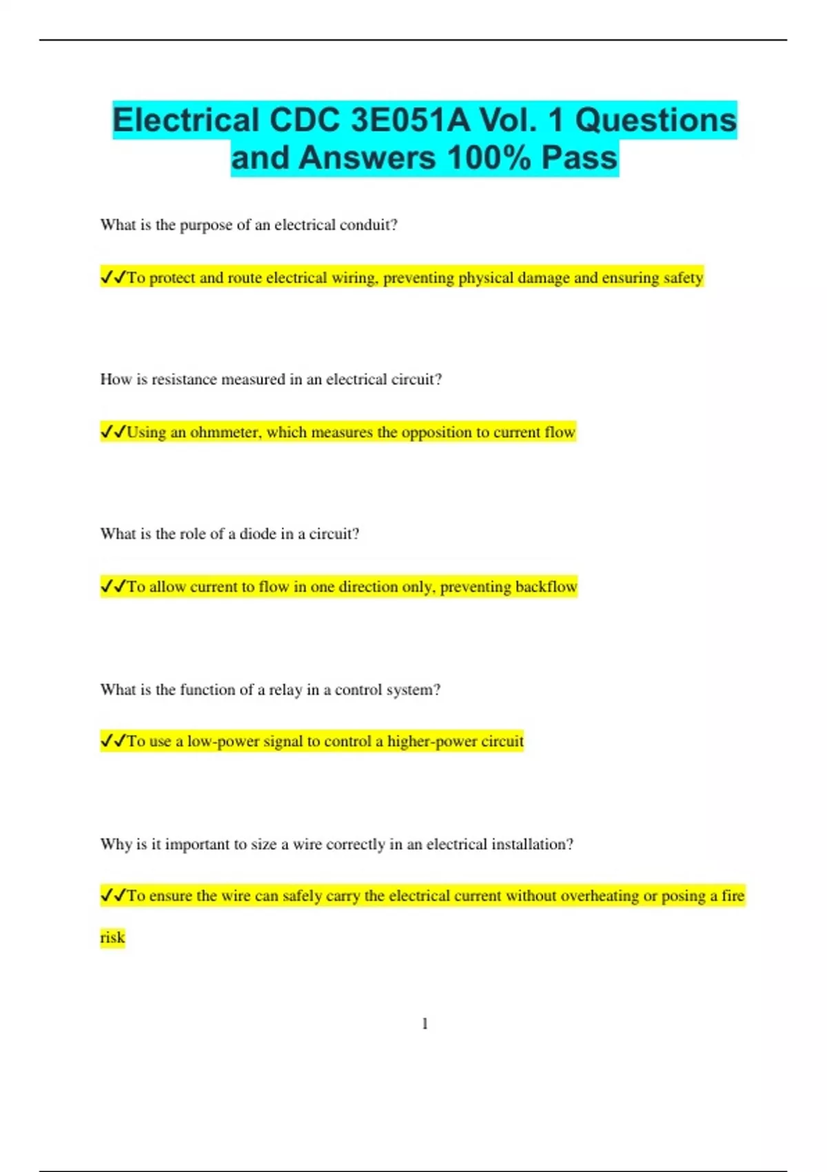 Electrical CDC 3E051A Vol. 1 Questions and Answers 100% Pass ...