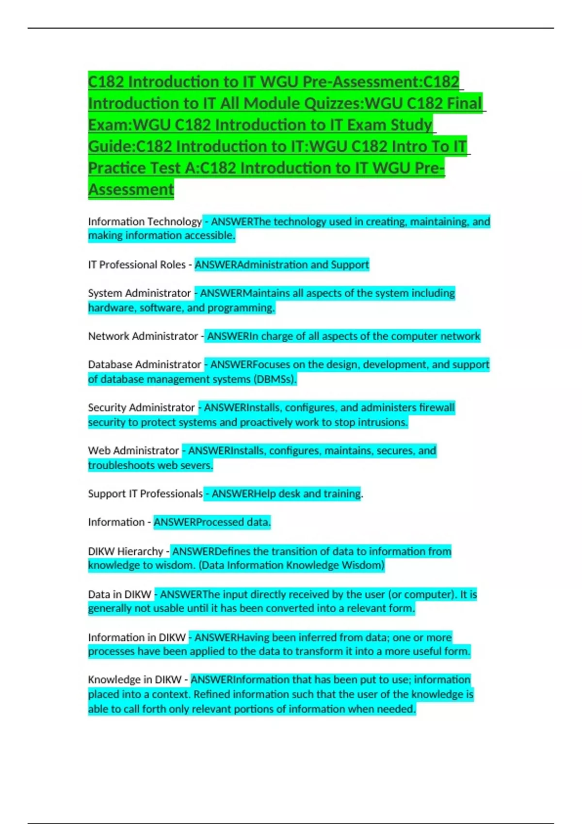 C182 Introduction to IT WGU Pre-Assessment:C182 Introduction to IT All ...