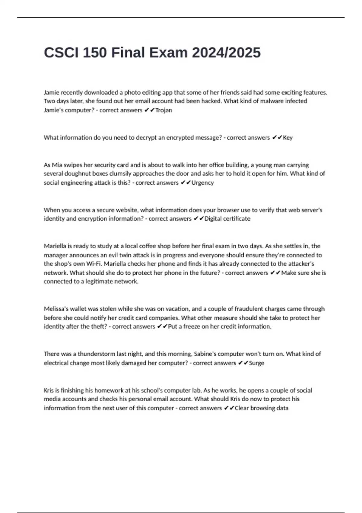 CSCI 150 Final Exam 2024/2025 with 100% correct answers - CSCI 150 F - Stuvia US