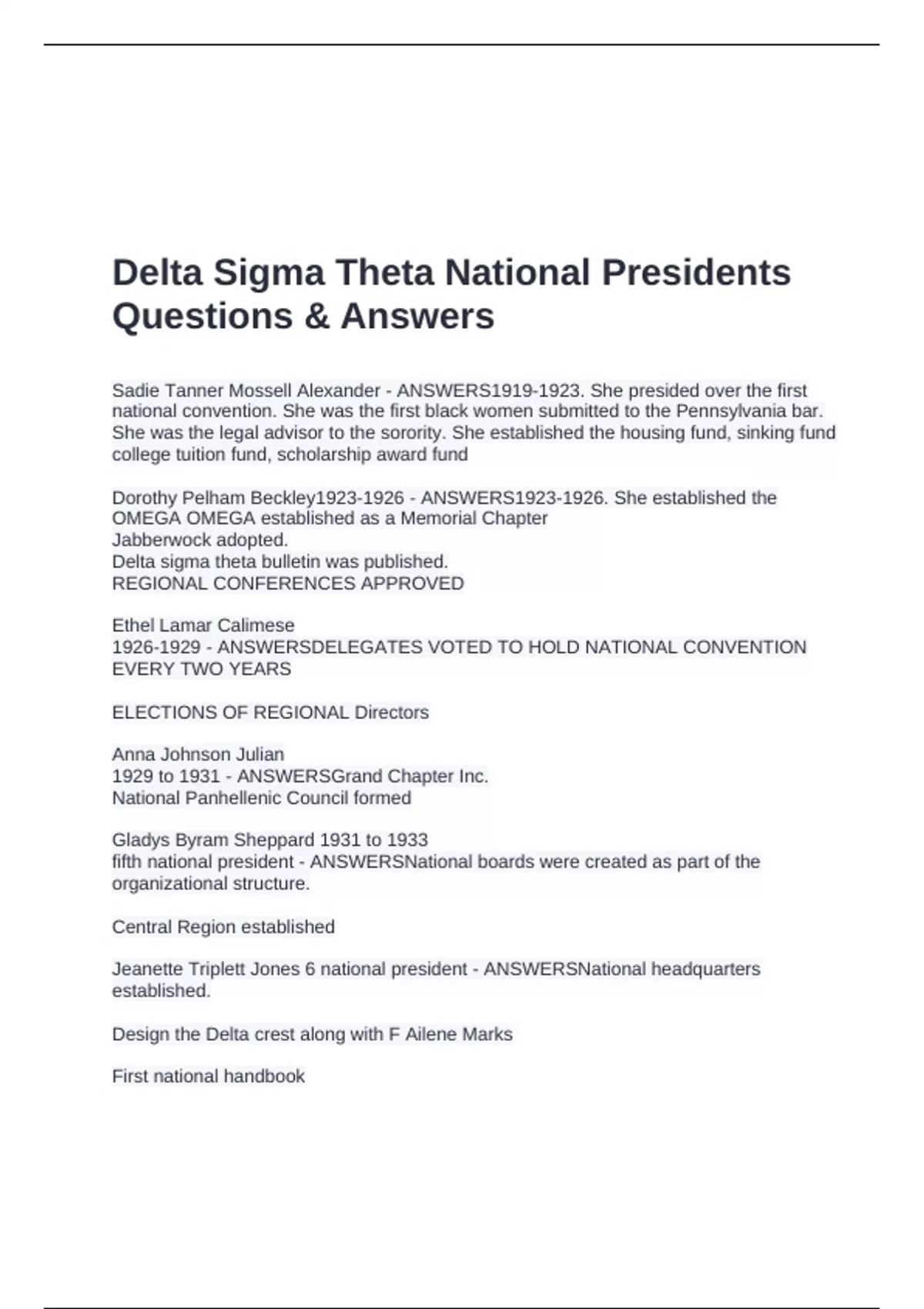 Delta Sigma Theta National Presidents Questions & Answers - Delta Sigma ...