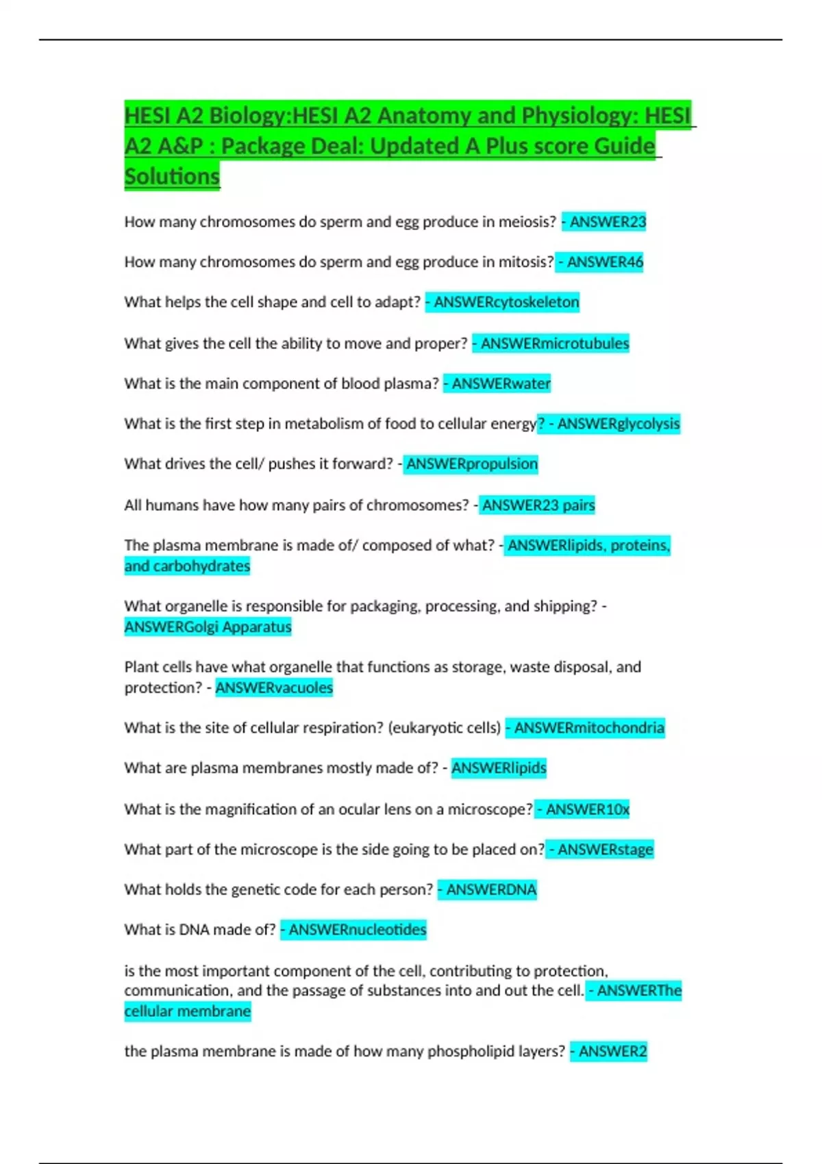 HESI A2 Biology:HESI A2 Anatomy and Physiology: HESI A2 A&P : Package Deal: Updated A Plus score ...
