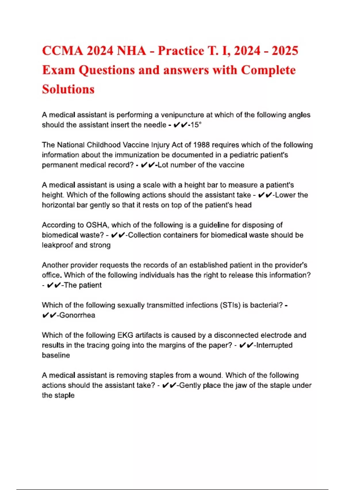 CCMA 2024 NHA - Practice T. I, Exam Questions and answers with Complete ...