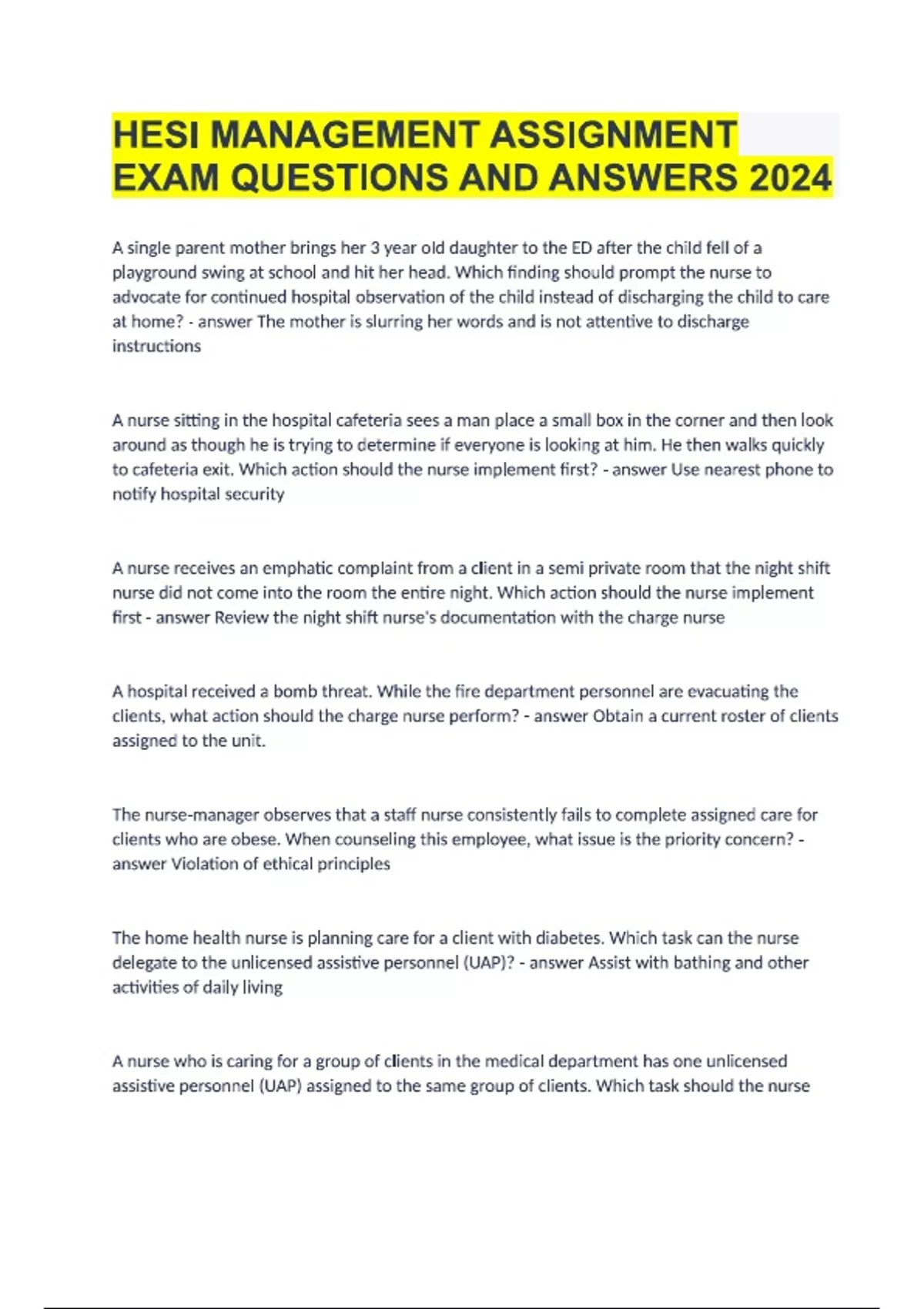 HESI Management Assignment Questions and Answers (100% CORRECT ANSWERS ...