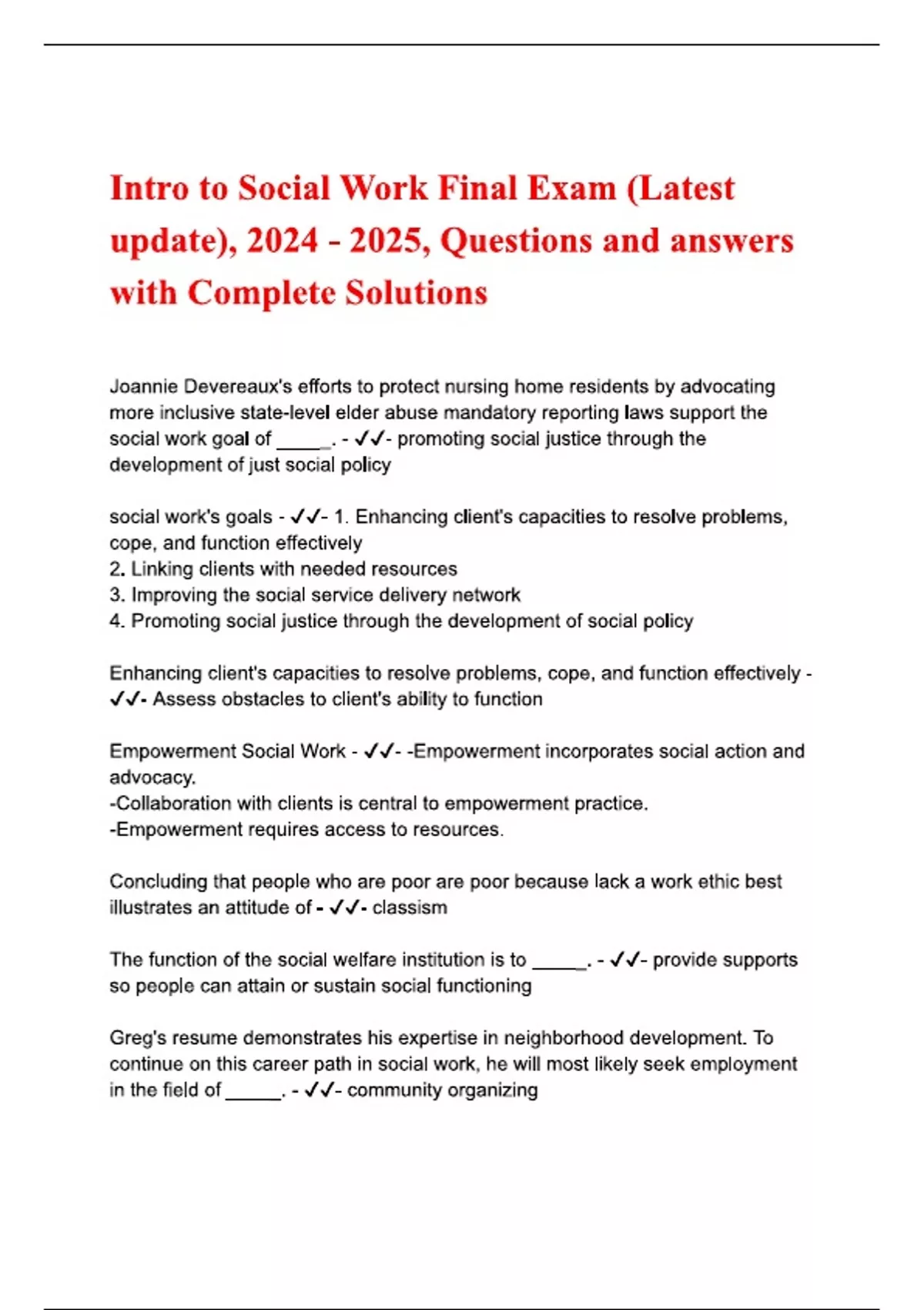Intro to Social Work Final Exam Questions and Answers (100% CORRECT ...