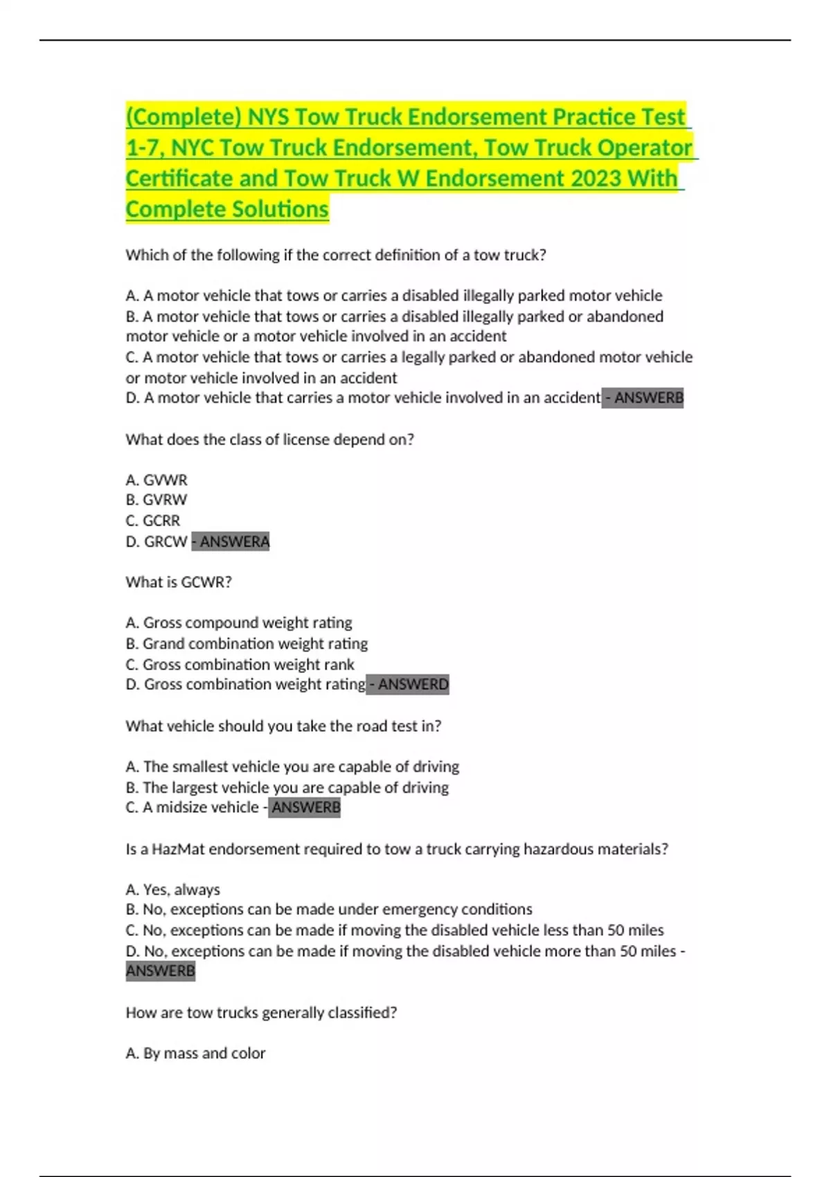 (Complete) NYS Tow Truck Endorsement Practice Test 1-7, NYC Tow Truck ...