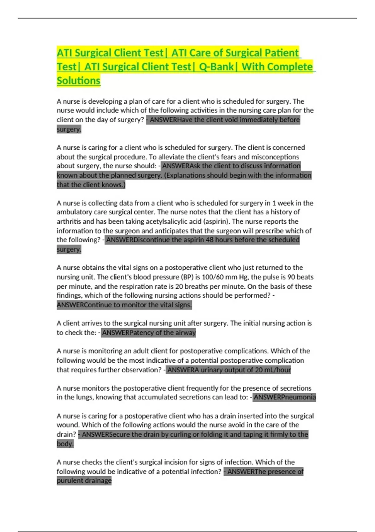 ATI Surgical Client Test| ATI Care of Surgical Patient Test| ATI ...