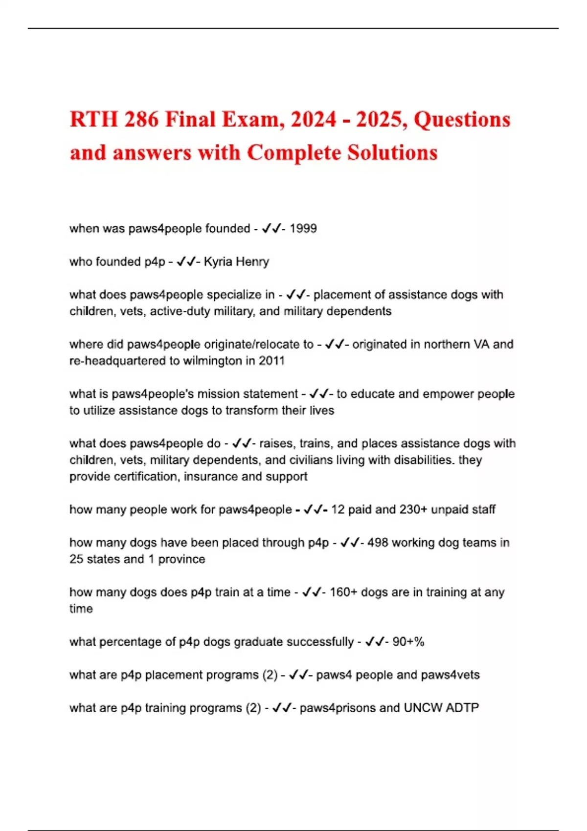 RTH 286 Final Exam, | Questions and Answers (100% CORRECT ANSWERS ...