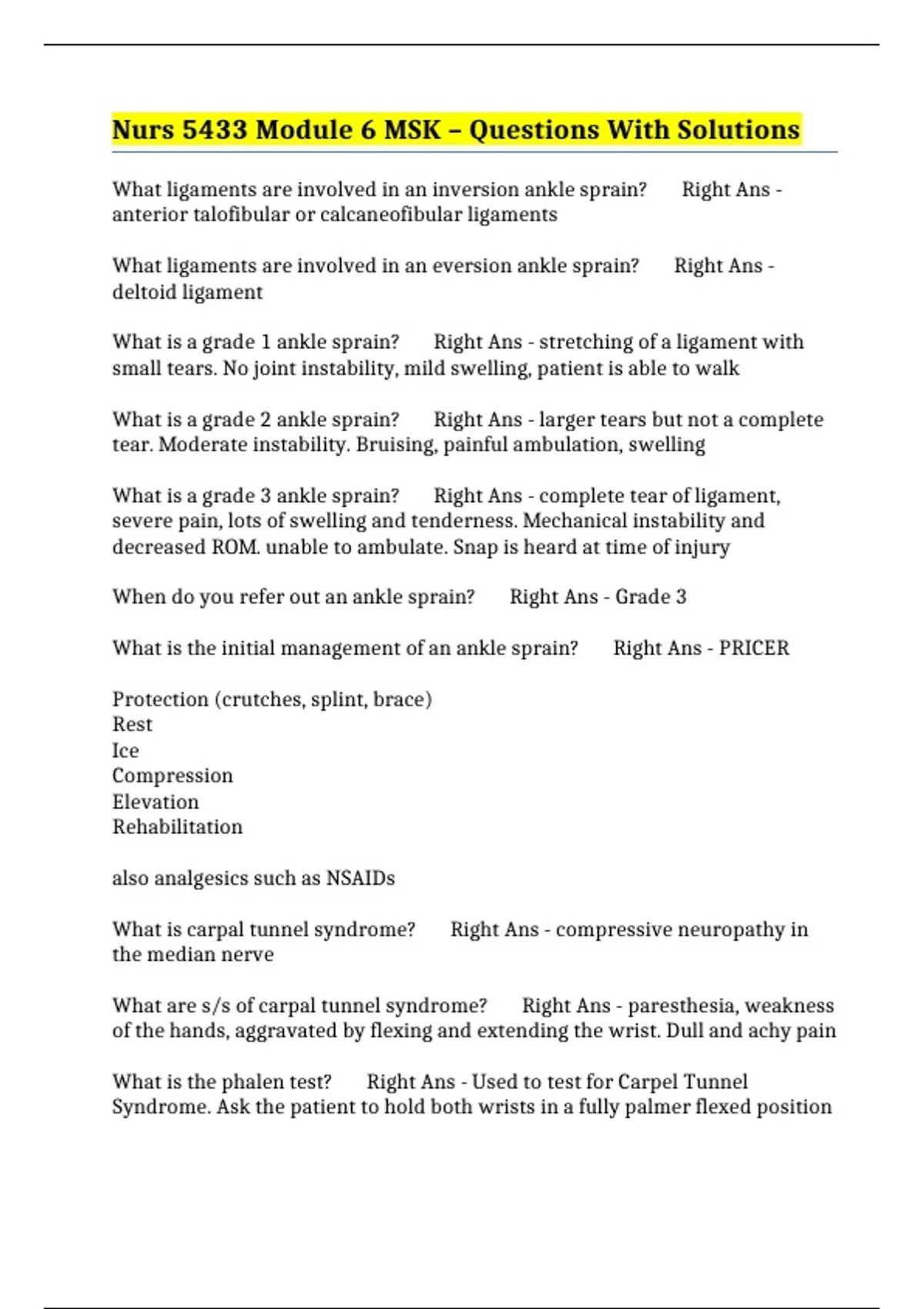 Nurs 5433 Module 6 MSK – Questions With Solutions - NURS 5433 - Stuvia US