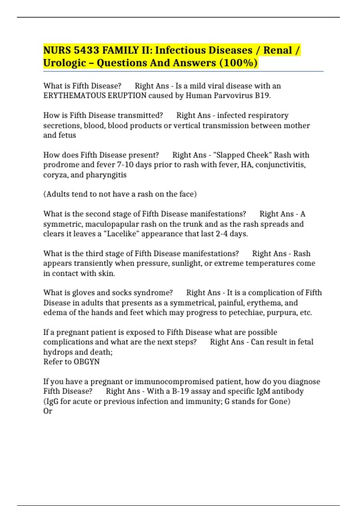 NURS 5433 FAMILY II: Infectious Diseases / Renal / Urologic – Questions ...