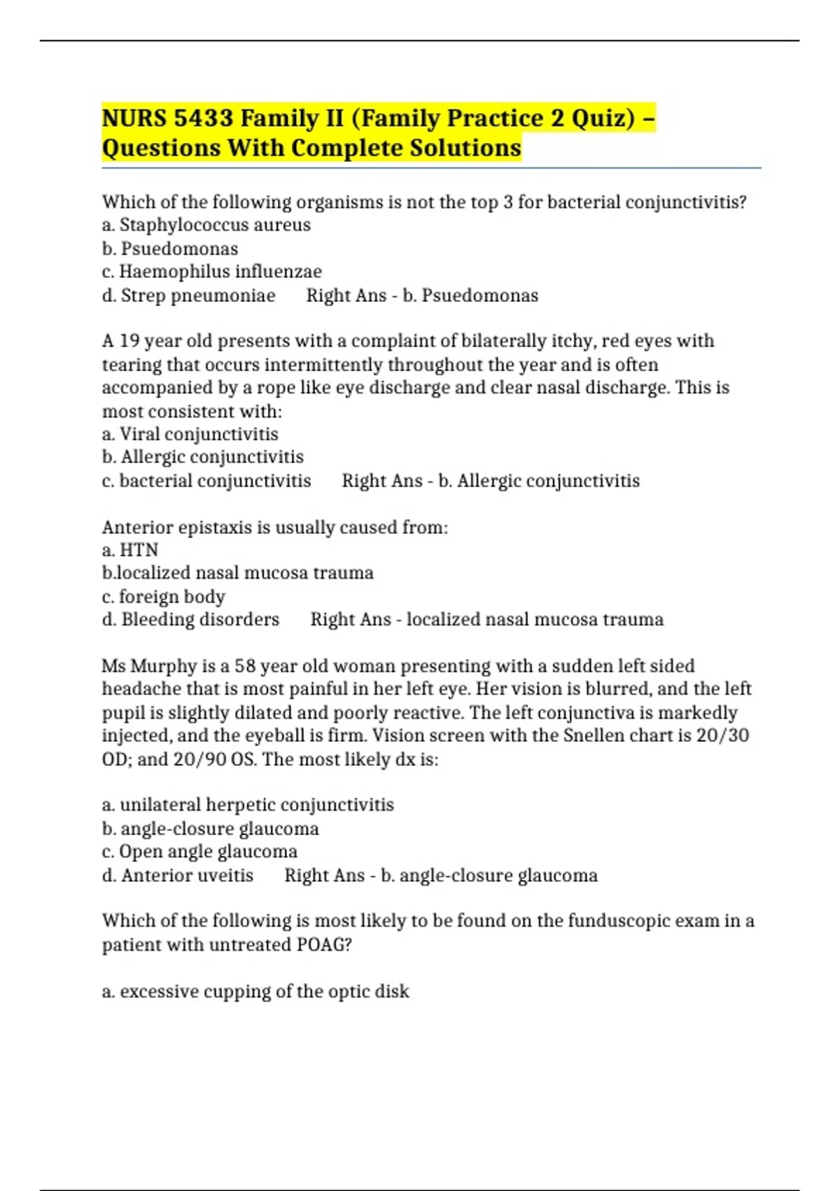 NURS 5433 Family II (Family Practice 2 Quiz) – Questions With Complete ...