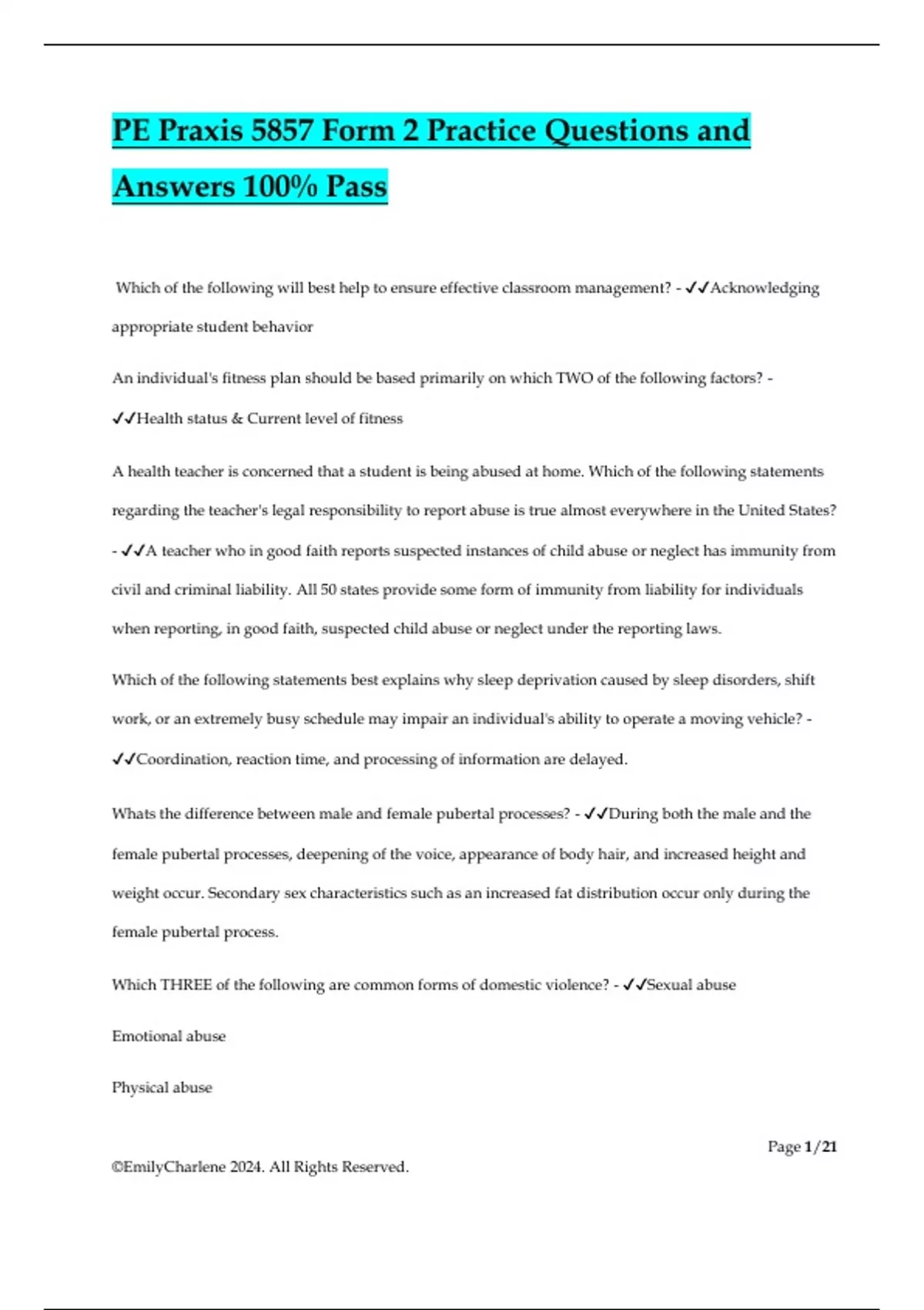 PE Praxis 5857 Form 2 Practice Questions and Answers 100% Pass - Prep ...