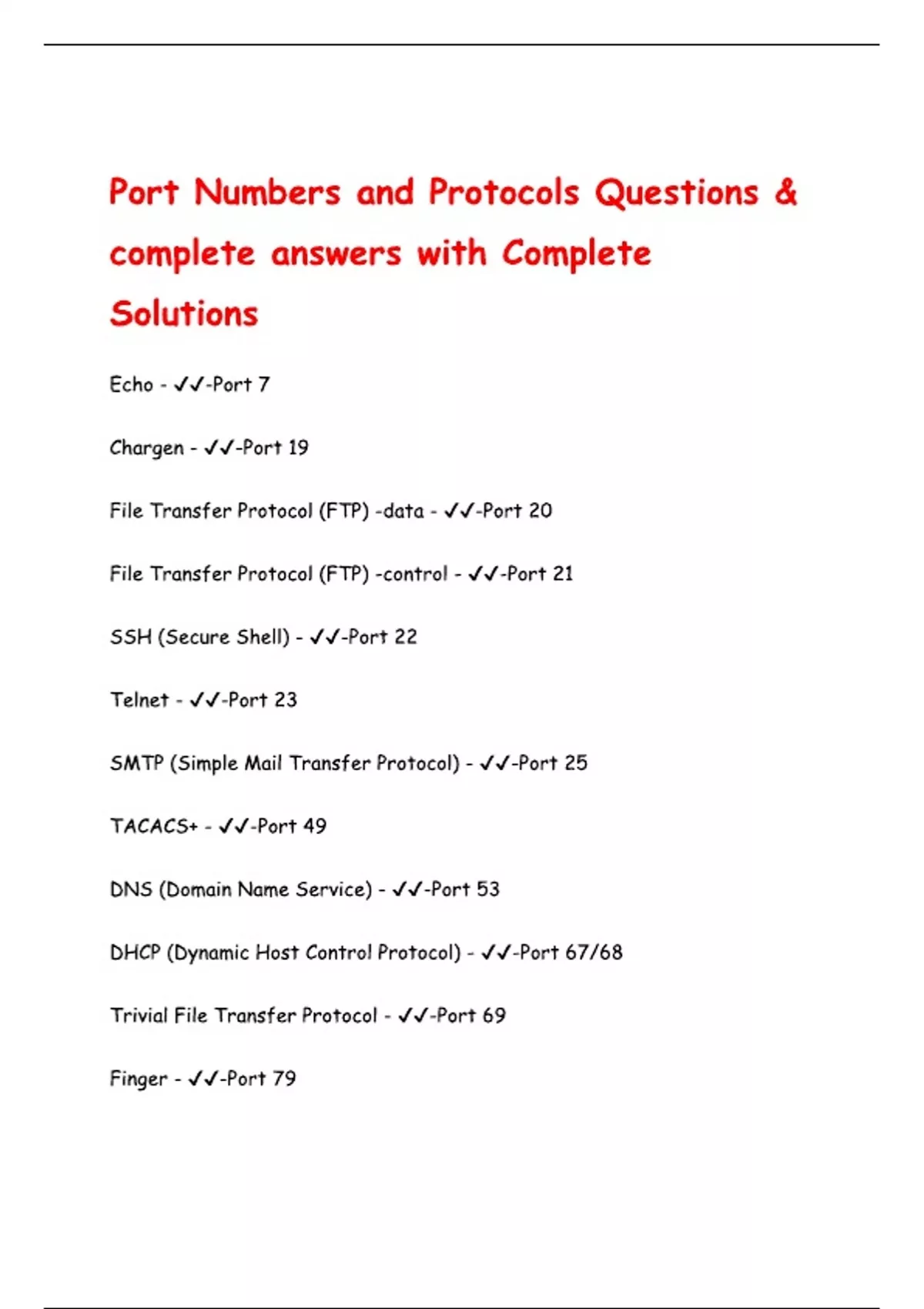 Port Numbers and Protocols, | Questions and Answers (100% CORRECT ...
