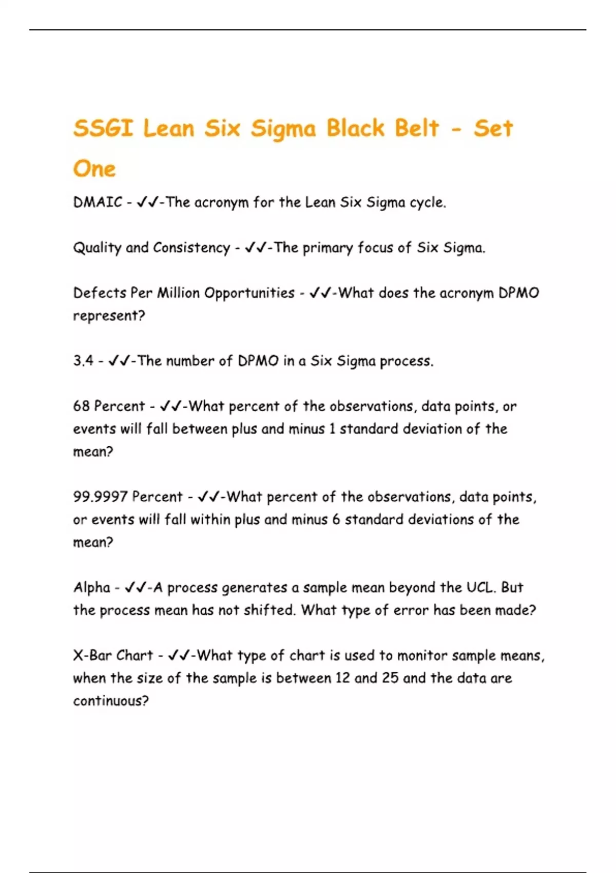 SSGI Lean Six Sigma Black Belt - Set One Questions and Correct Answers ...