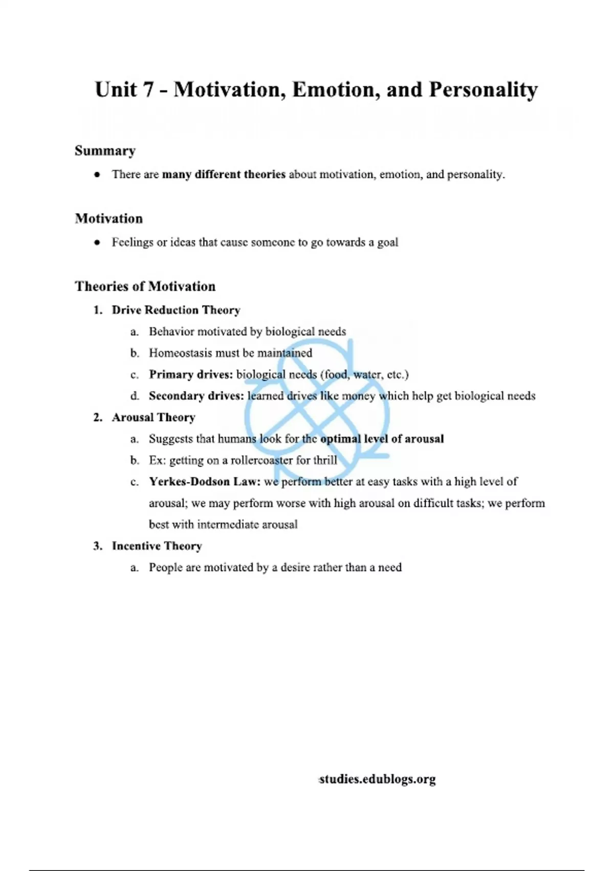 Unit 7 - Motivation, Emotion, and Personality Questions and Correct ...