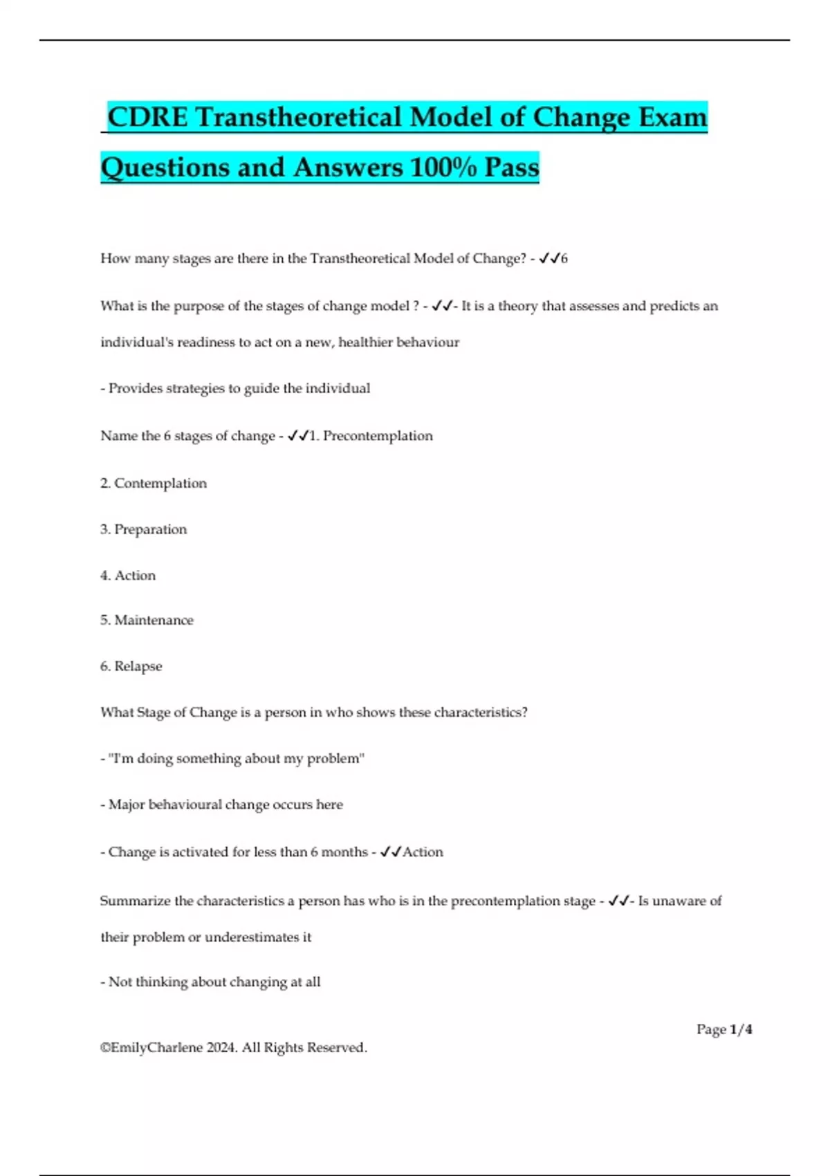 CDRE Transtheoretical Model of Change Exam Questions and Answers 100% ...