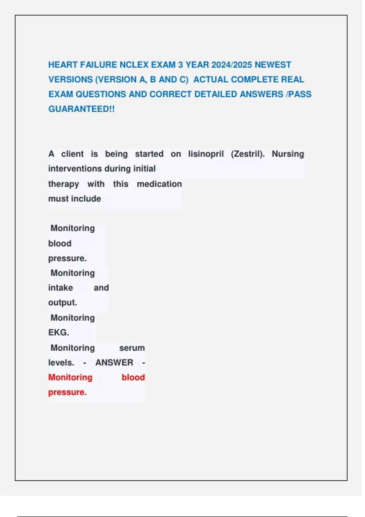 HEART FAILURE NCLEX EXAM 3 YEAR 2024/2025 NEWEST VERSIONS (VERSION A, B ...
