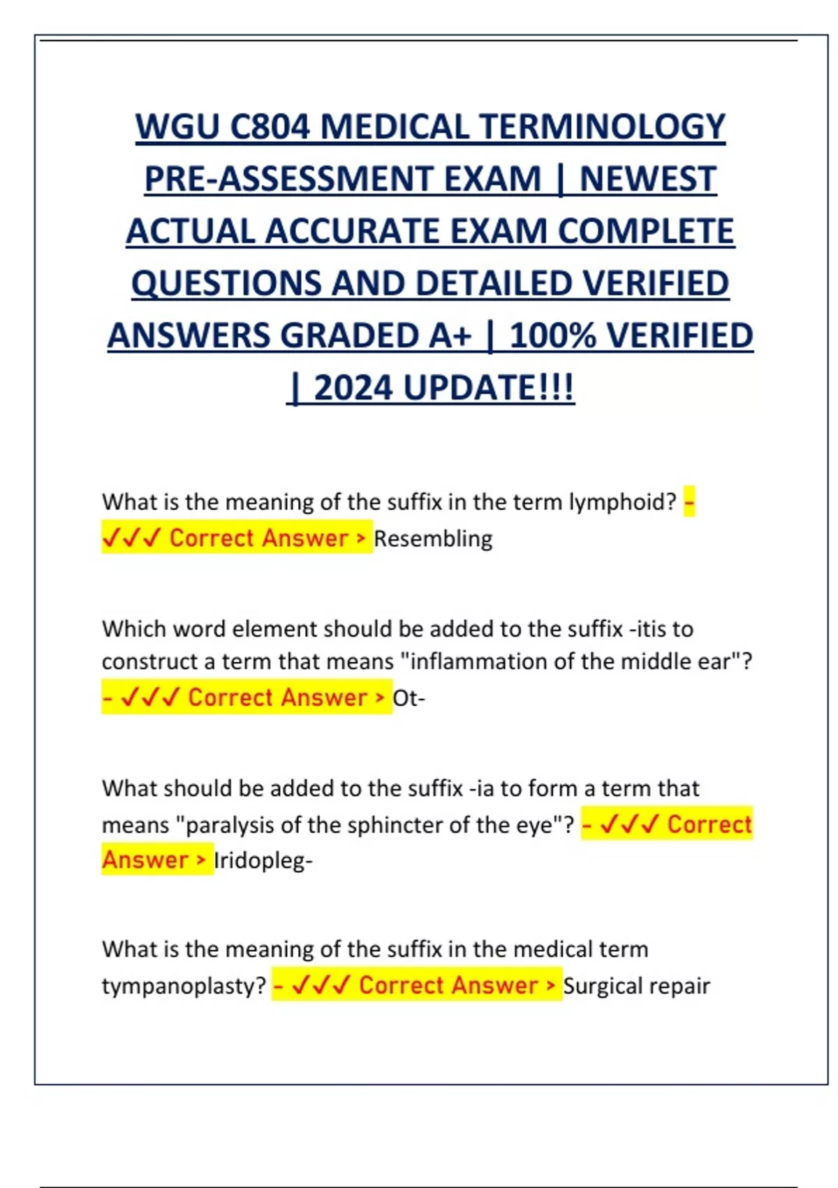 WGU C804 MEDICAL TERMINOLOGY PRE-ASSESSMENT EXAM | NEWEST ACTUAL ...