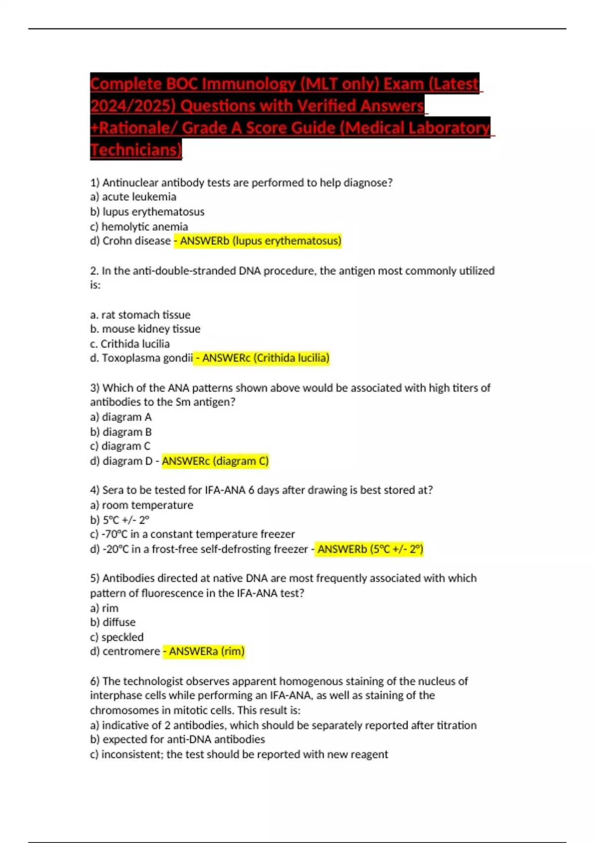 Complete BOC Immunology (MLT only) Exam (Latest 2024/2025) Questions ...