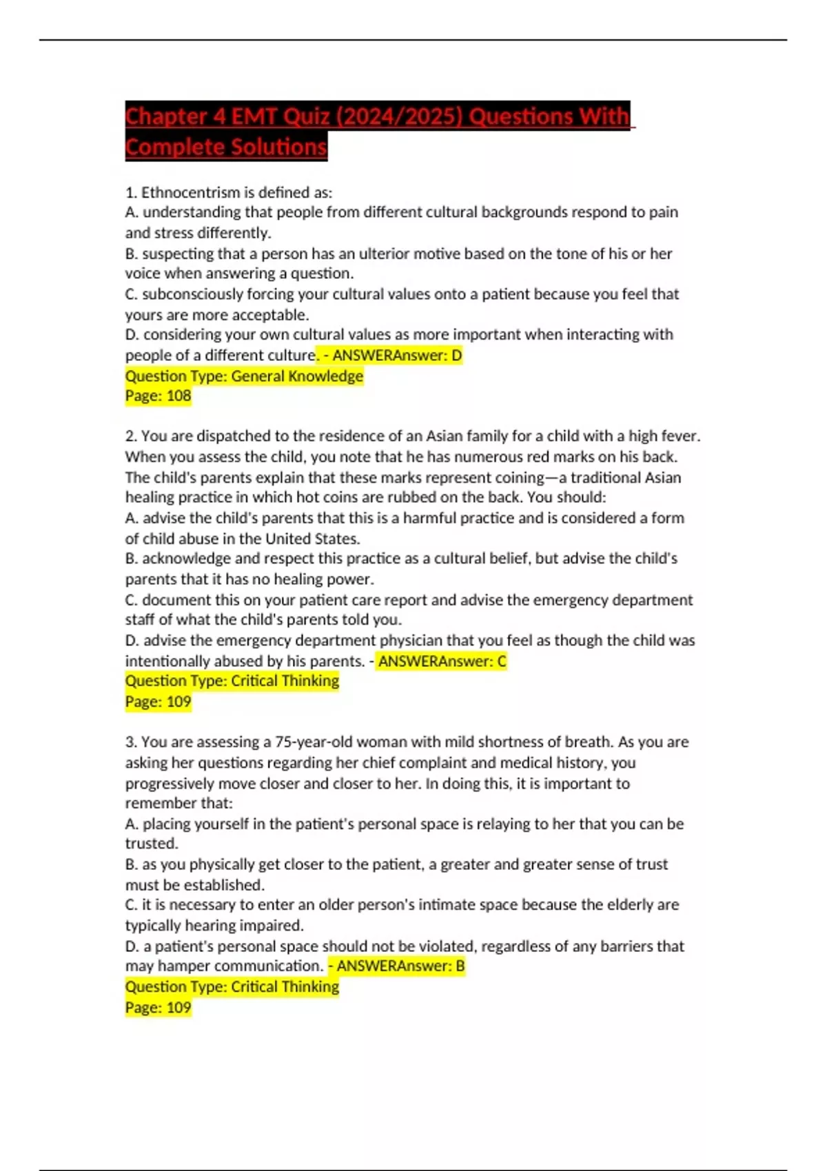 Chapter 4 EMT Quiz (2024/2025) Questions With Complete Solutions ...