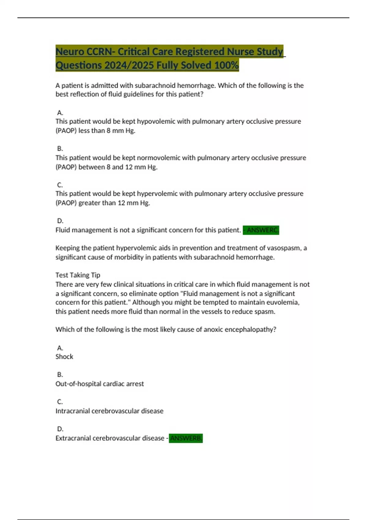 Neuro CCRN- Critical Care Registered Nurse Study Questions 2024/2025 ...