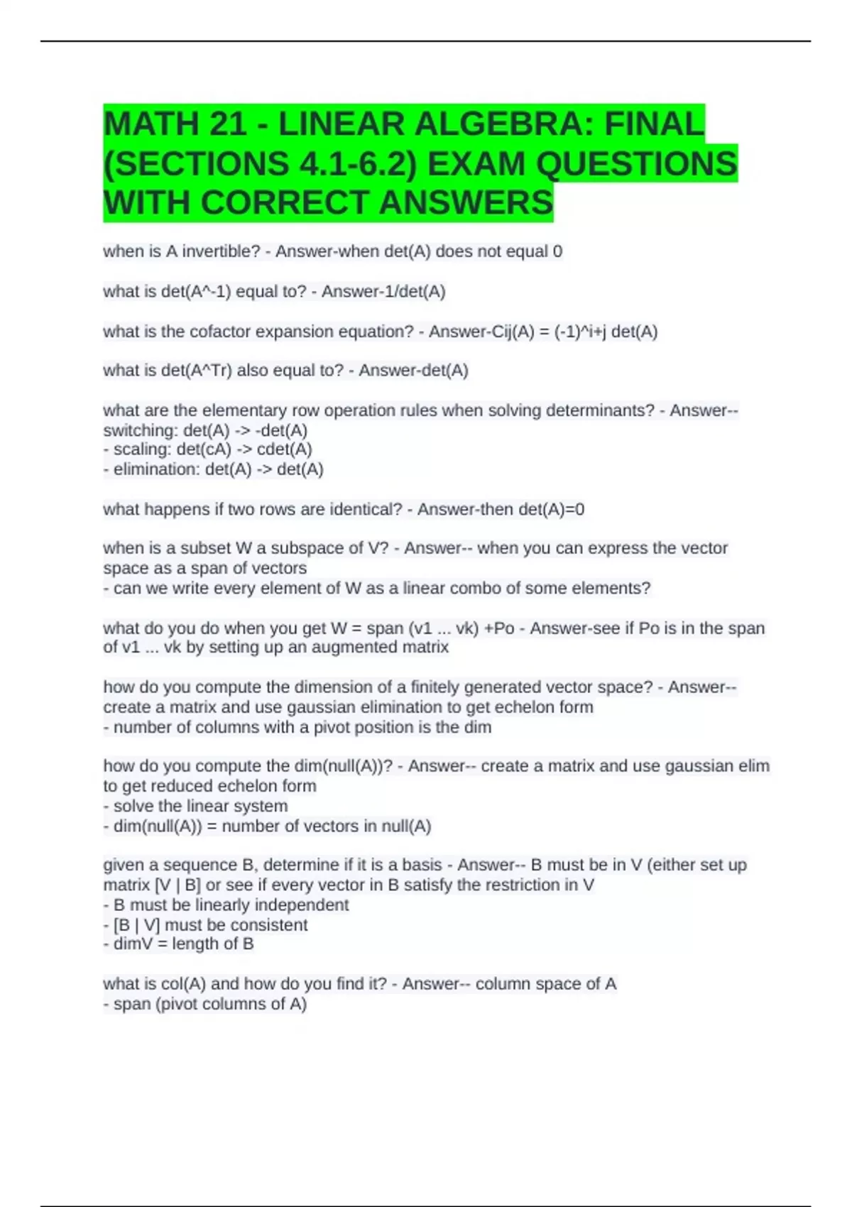 Math 21 Linear Algebra Final Sections 4 1 6 2 Exam Questions With Correct Answers Linear
