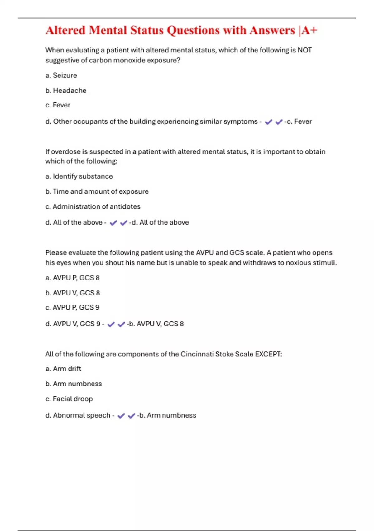 Altered Mental Status Questions with Answers |A+ - Altered Mental Status - Stuvia US