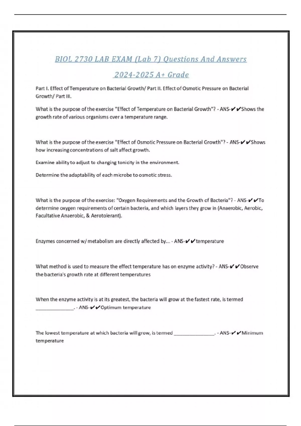 BIOL 2730 LAB EXAM (Lab 7) Questions And Answers A+ Grade - BIOL 2730 LAB - Stuvia US