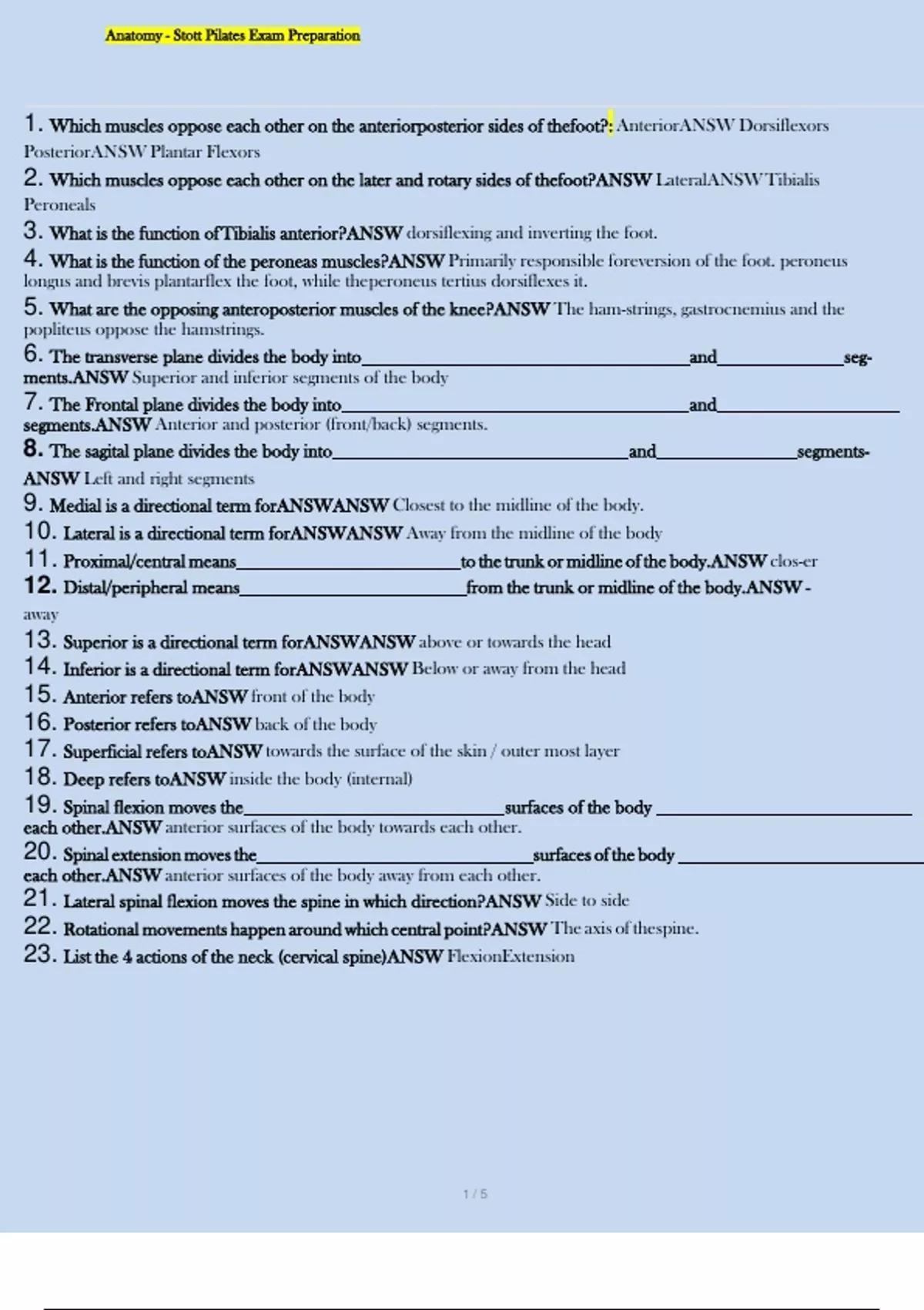 Anatomy - Stott Pilates Exam Preparation 1. Which muscles oppose each ...