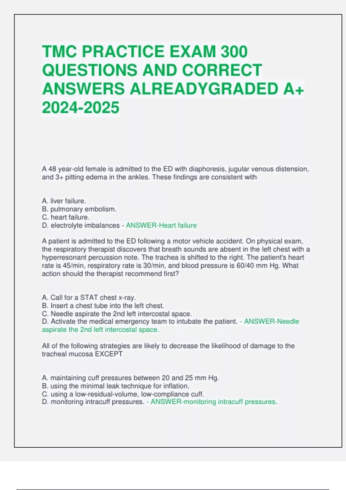 TMC PRACTICE EXAM 300 QUESTIONS AND CORRECT ANSWERS ALREADYGRADED A+ - TMC PRACTICE - Stuvia US