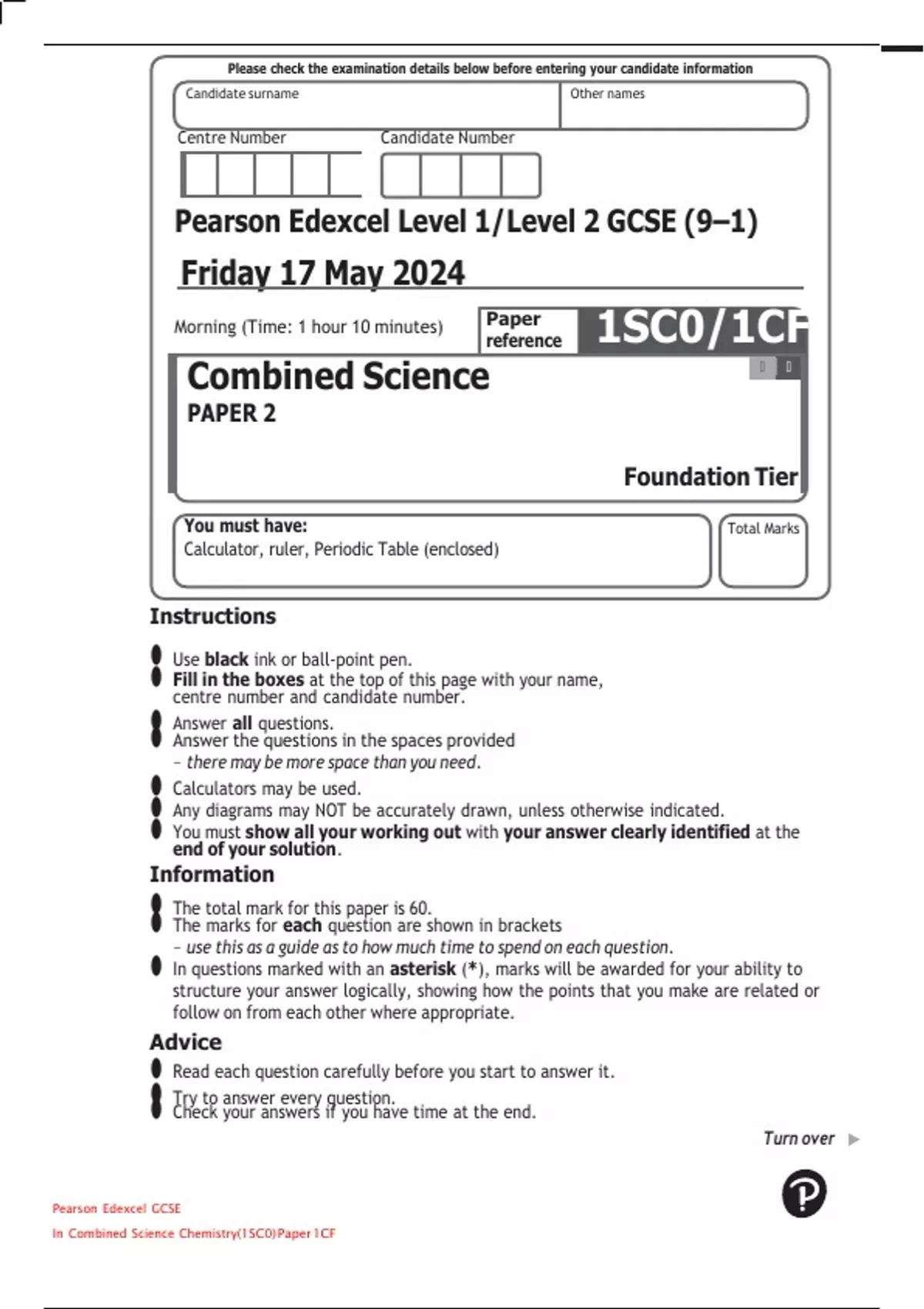 2024 Pearson Edexcel GCSE In Combined Science Chemistry (1SC0) Paper ...
