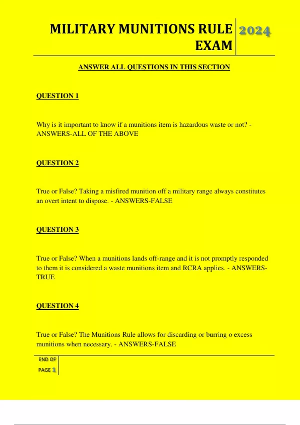 MILITARY MUNITIONS RULE EXAM QUESTIONS AND ANSWERS 2024 - MILITARY ...