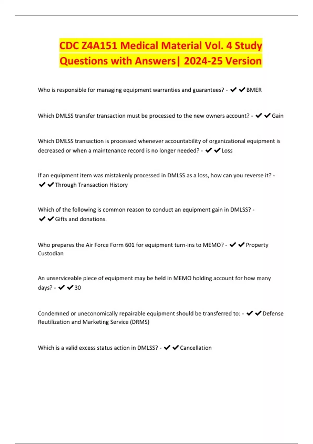 CDC Z4A151 Medical Material Vol. 4 Study Questions with Answers| 2024 ...