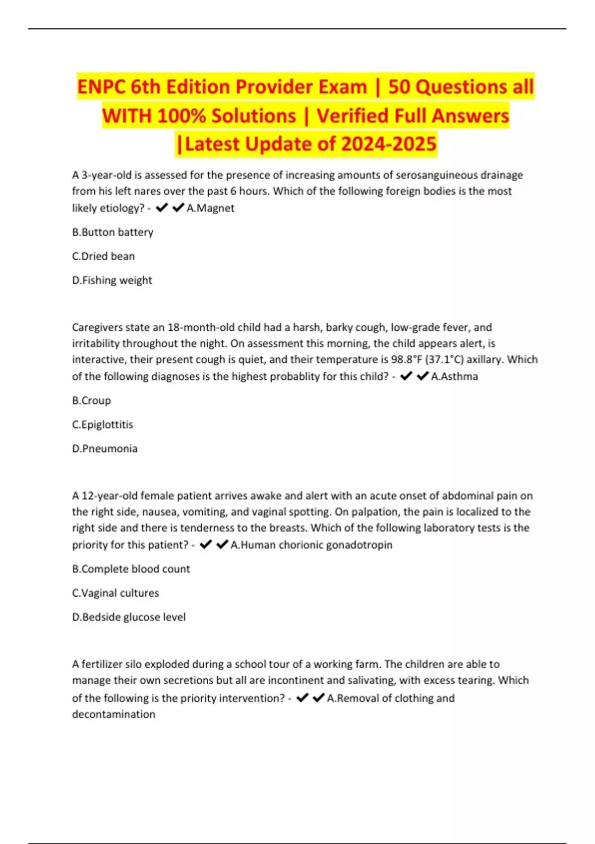 ENPC 6th Edition Provider Exam | 50 Questions all WITH 100% Solutions | Verified Full Answers ...