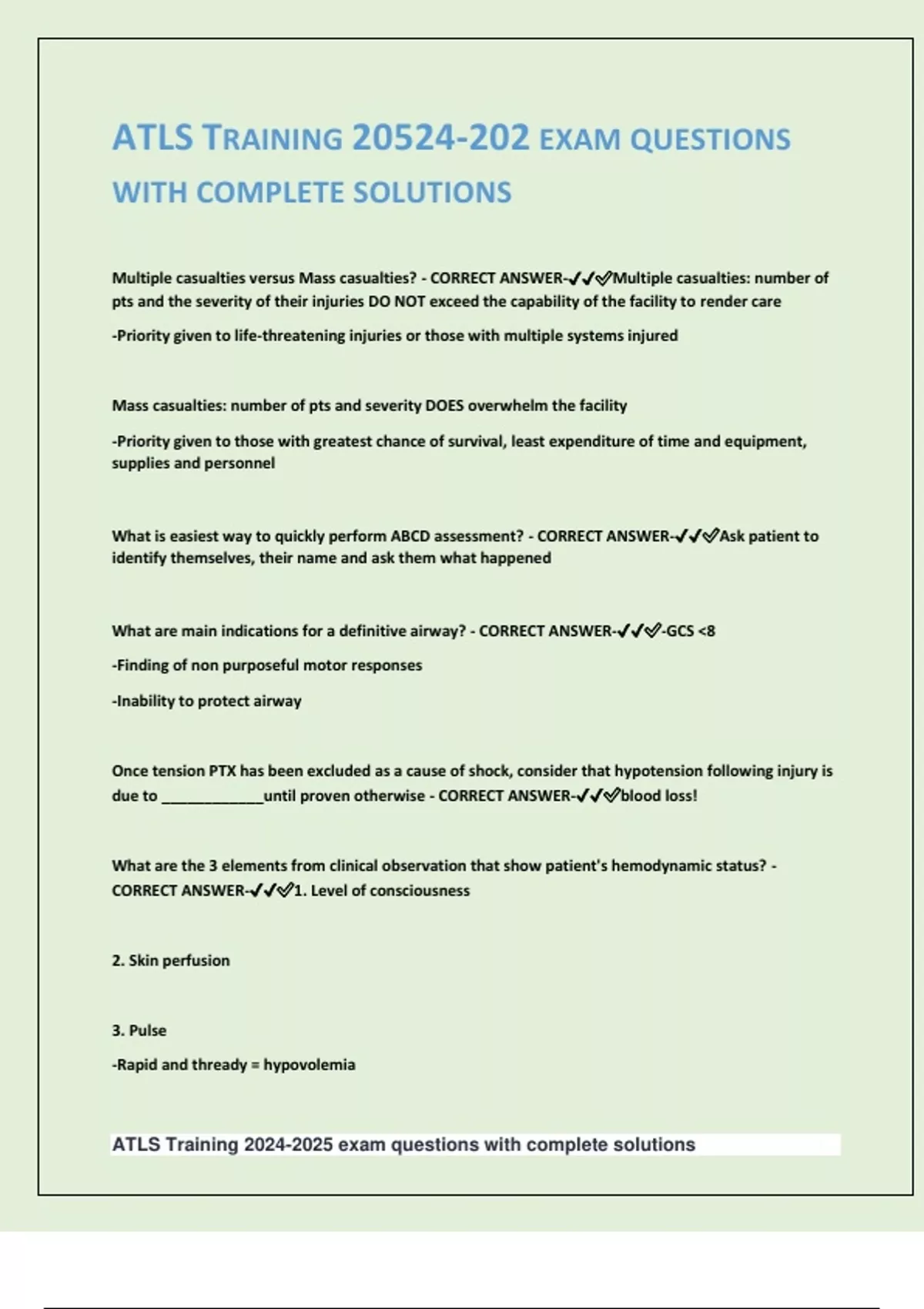 ATLS TRAINING EXAM QUESTIONS WITH COMPLETE SOLUTIONS - ATLS - Stuvia US