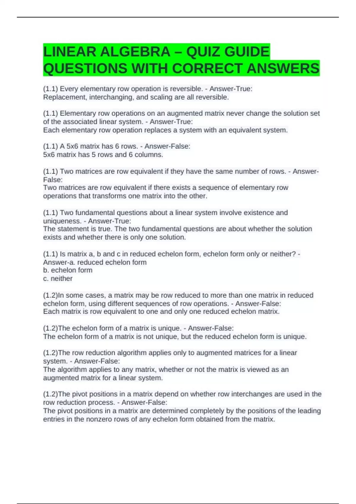 LINEAR ALGEBRA – QUIZ GUIDE QUESTIONS WITH CORRECT ANSWERS - LINEAR ...