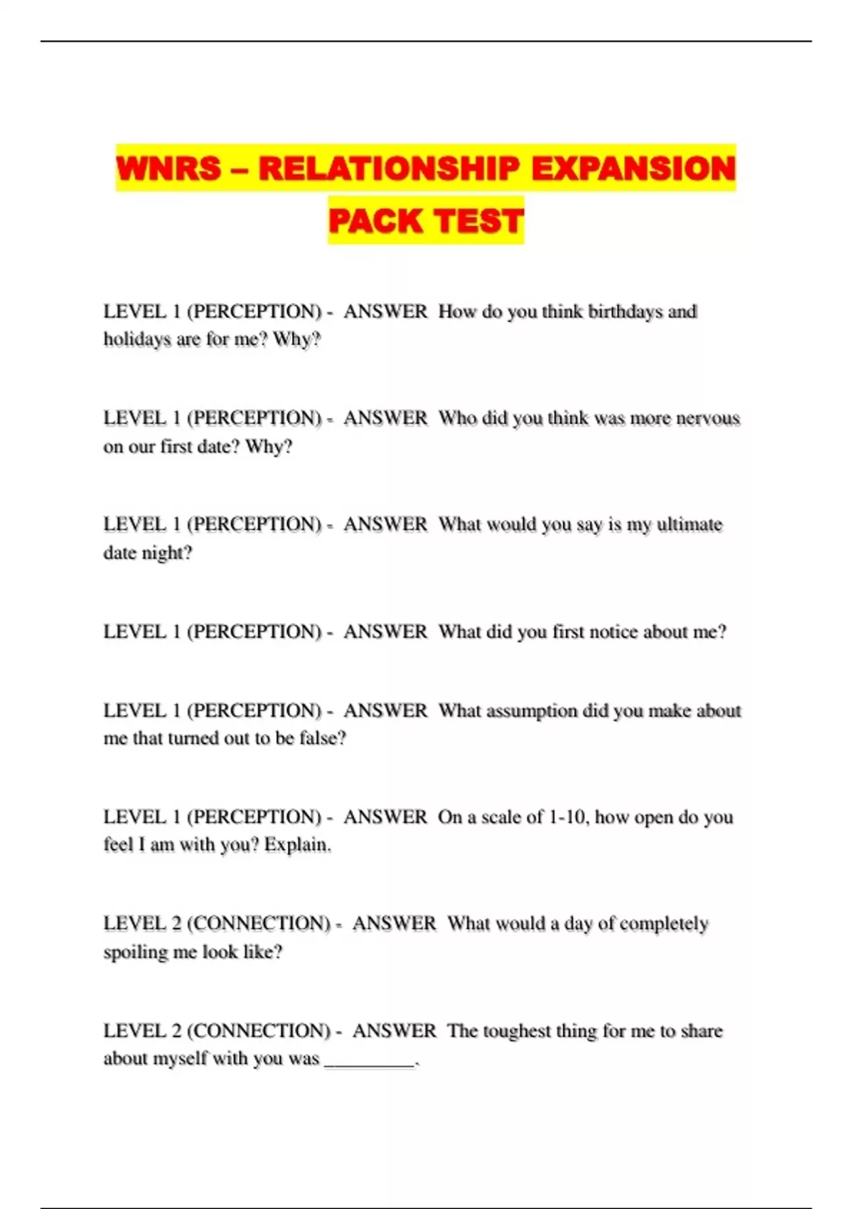 WNRS – RELATIONSHIP EXPANSION PACK TEST - WNRS – RELATIONSHIP EXPANSION ...