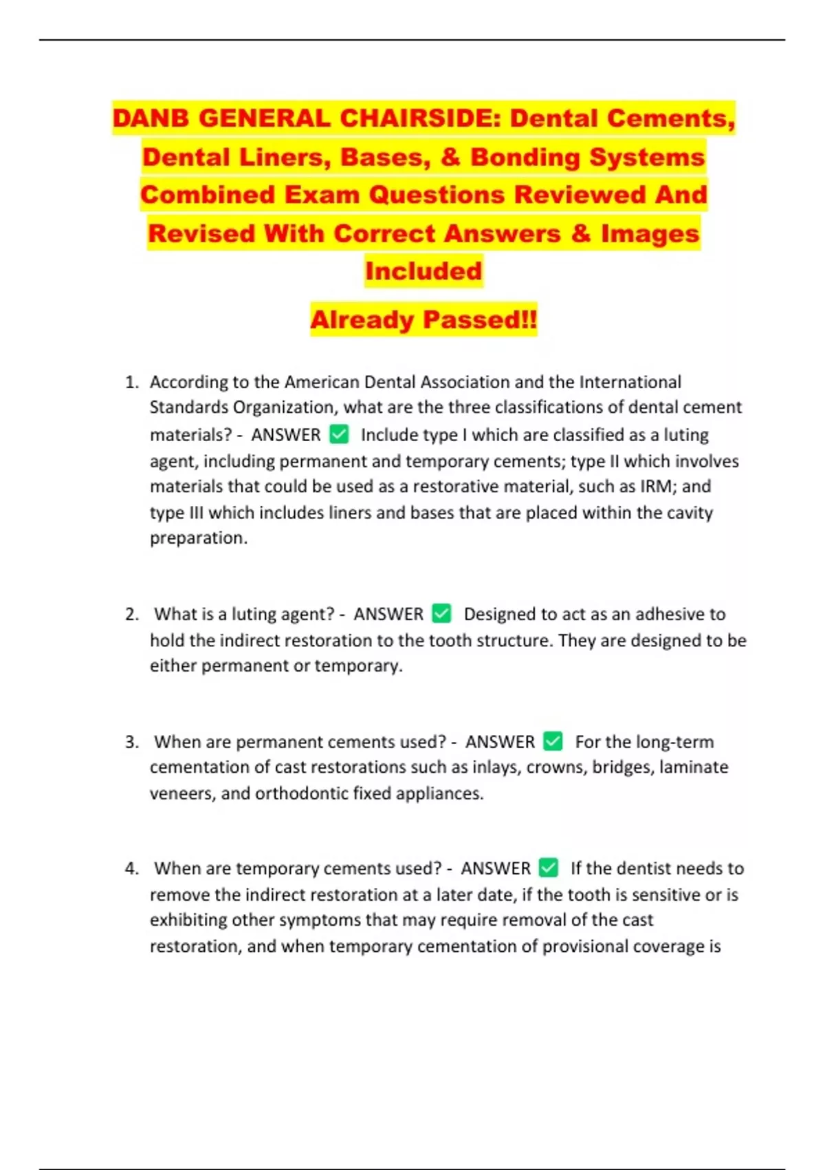 DANB GENERAL CHAIRSIDE: Dental Cements, Dental Liners, Bases, & Bonding ...