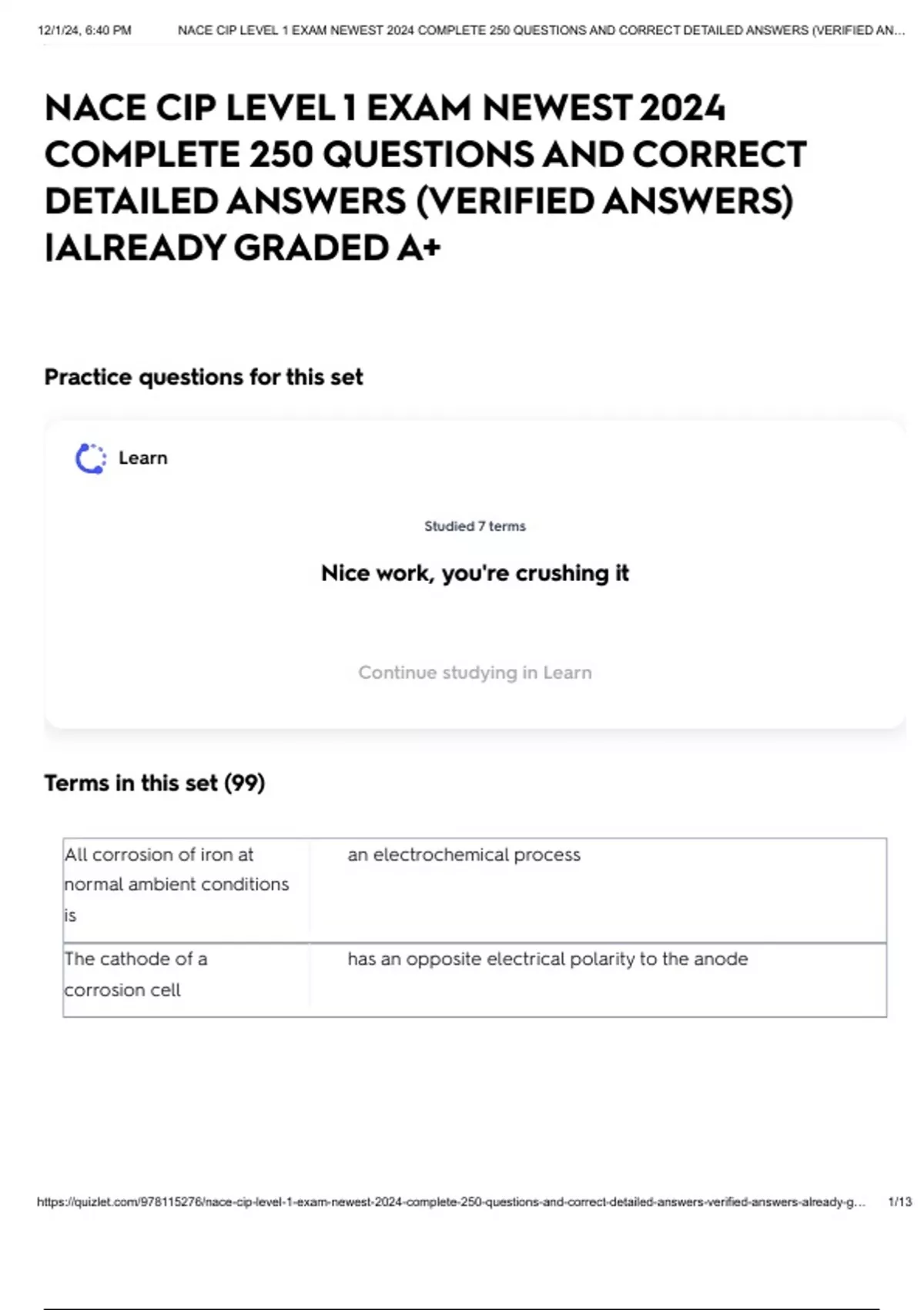 NACE CIP LEVEL 1 EXAM NEWEST 2024 COMPLETE 250 QUESTIONS AND CORRECT ...