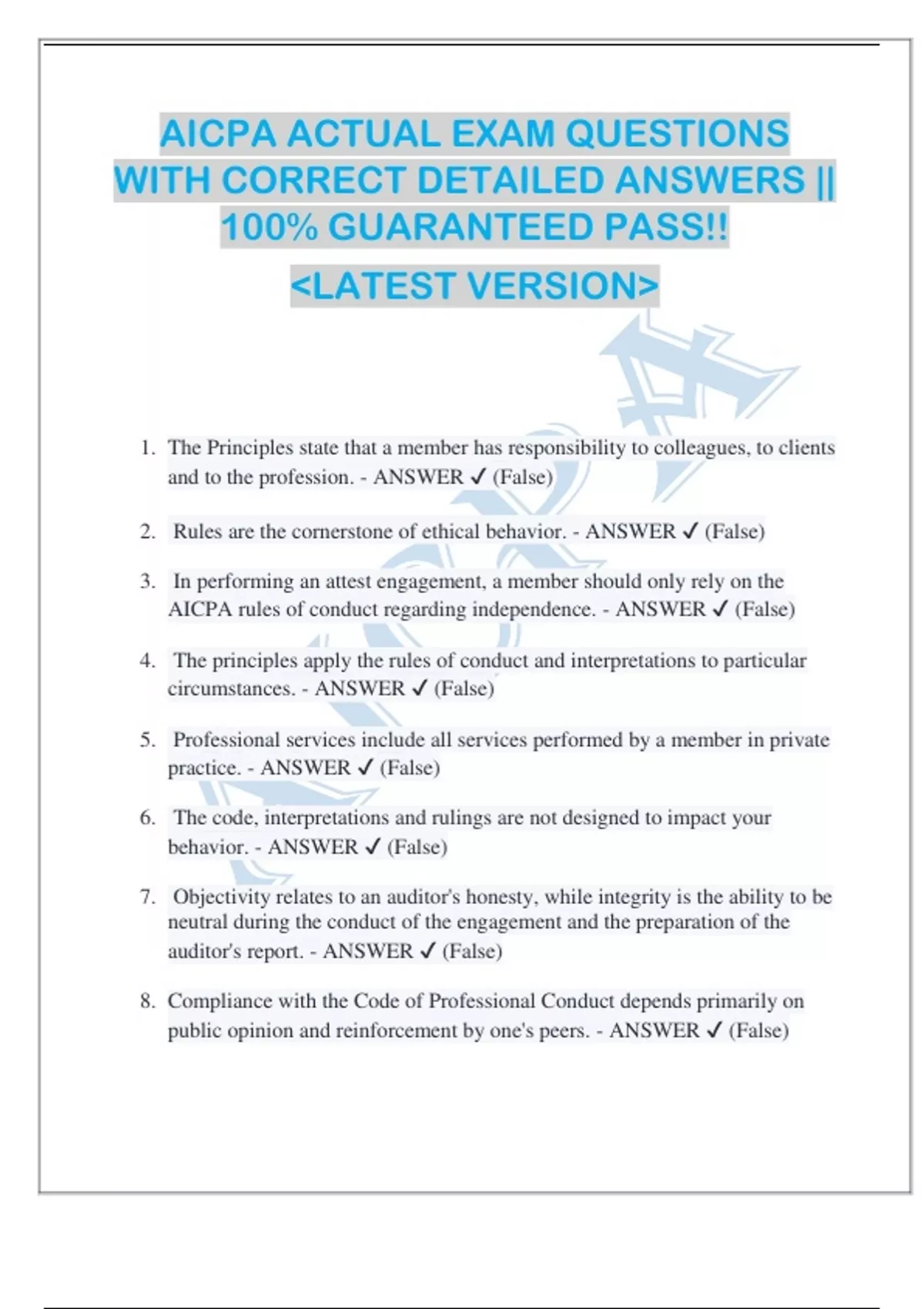 AICPA ACTUAL EXAM QUESTIONS WITH CORRECT DETAILED ANSWERS || 100% ...