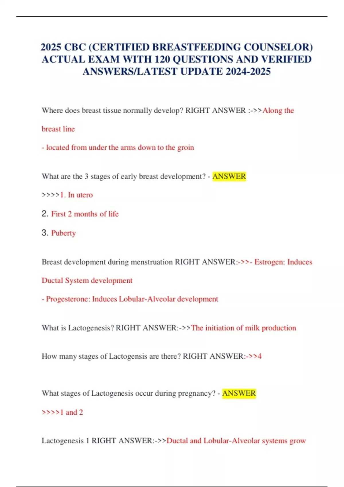 2025 CBC (CERTIFIED BREASTFEEDING COUNSELOR) ACTUAL EXAM WITH 120 ...