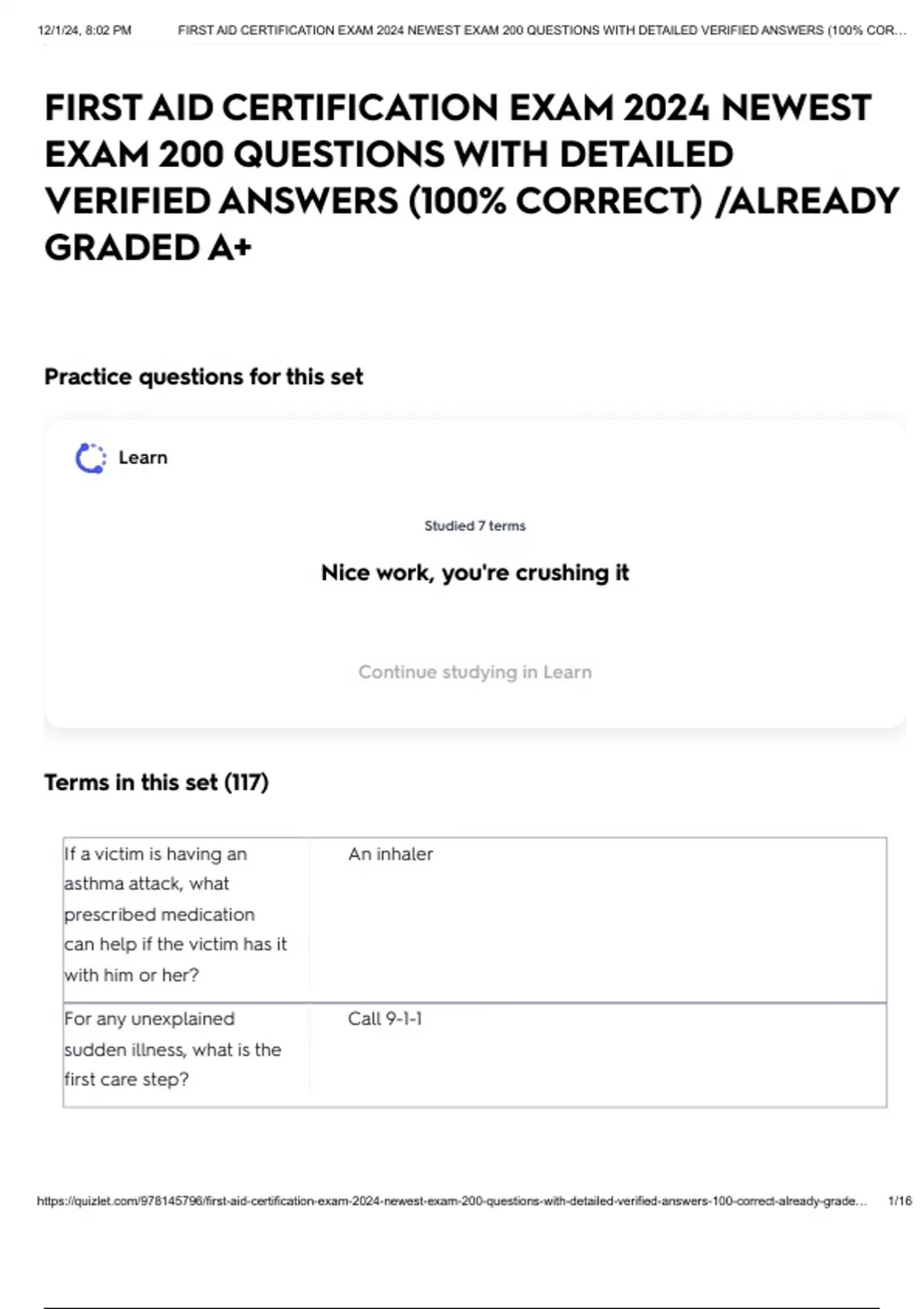FIRST AID CERTIFICATION EXAM 2024 NEWEST EXAM 200 QUESTIONS WITH ...