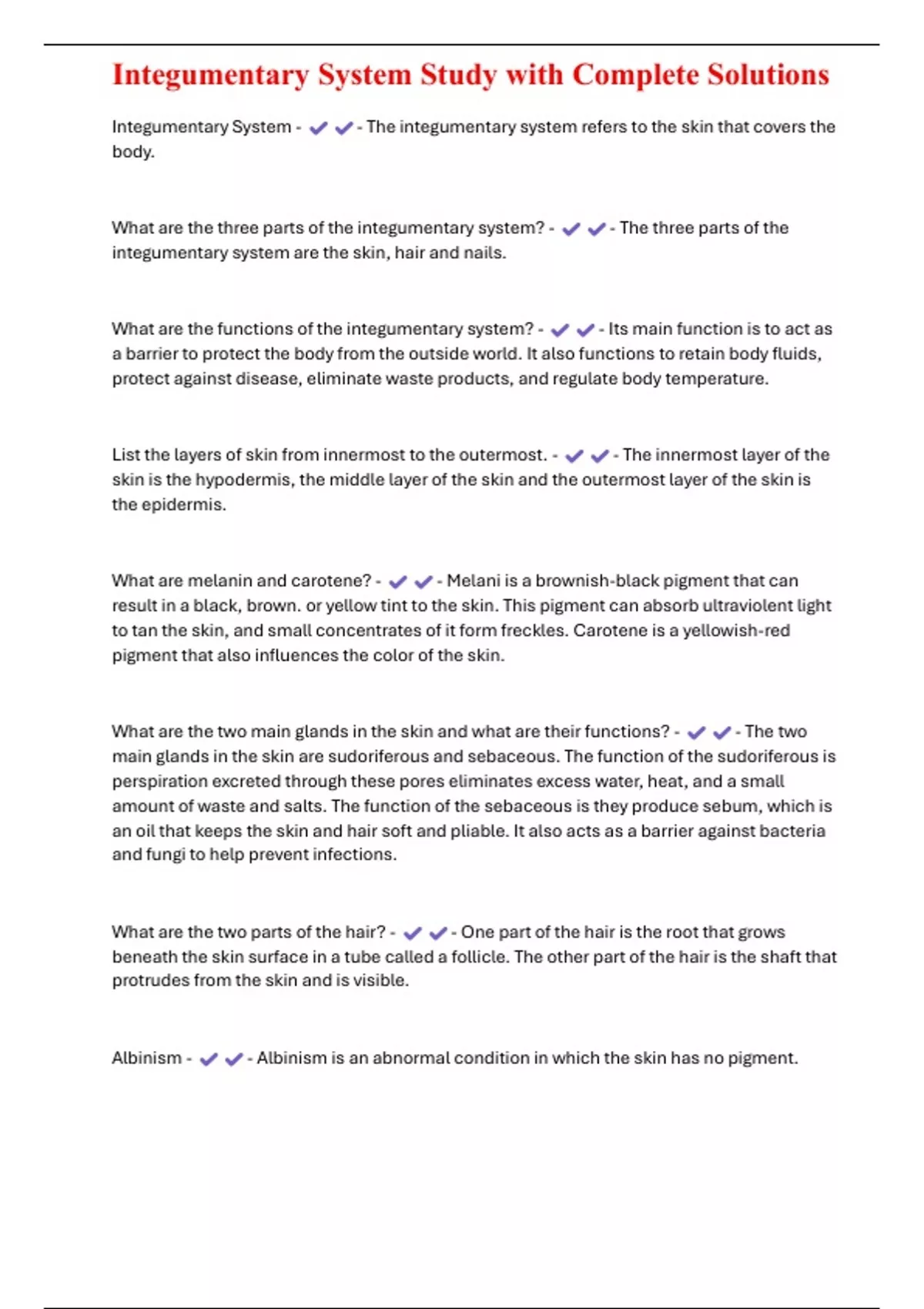 Integumentary System Study with Complete Solutions - Integumentary ...