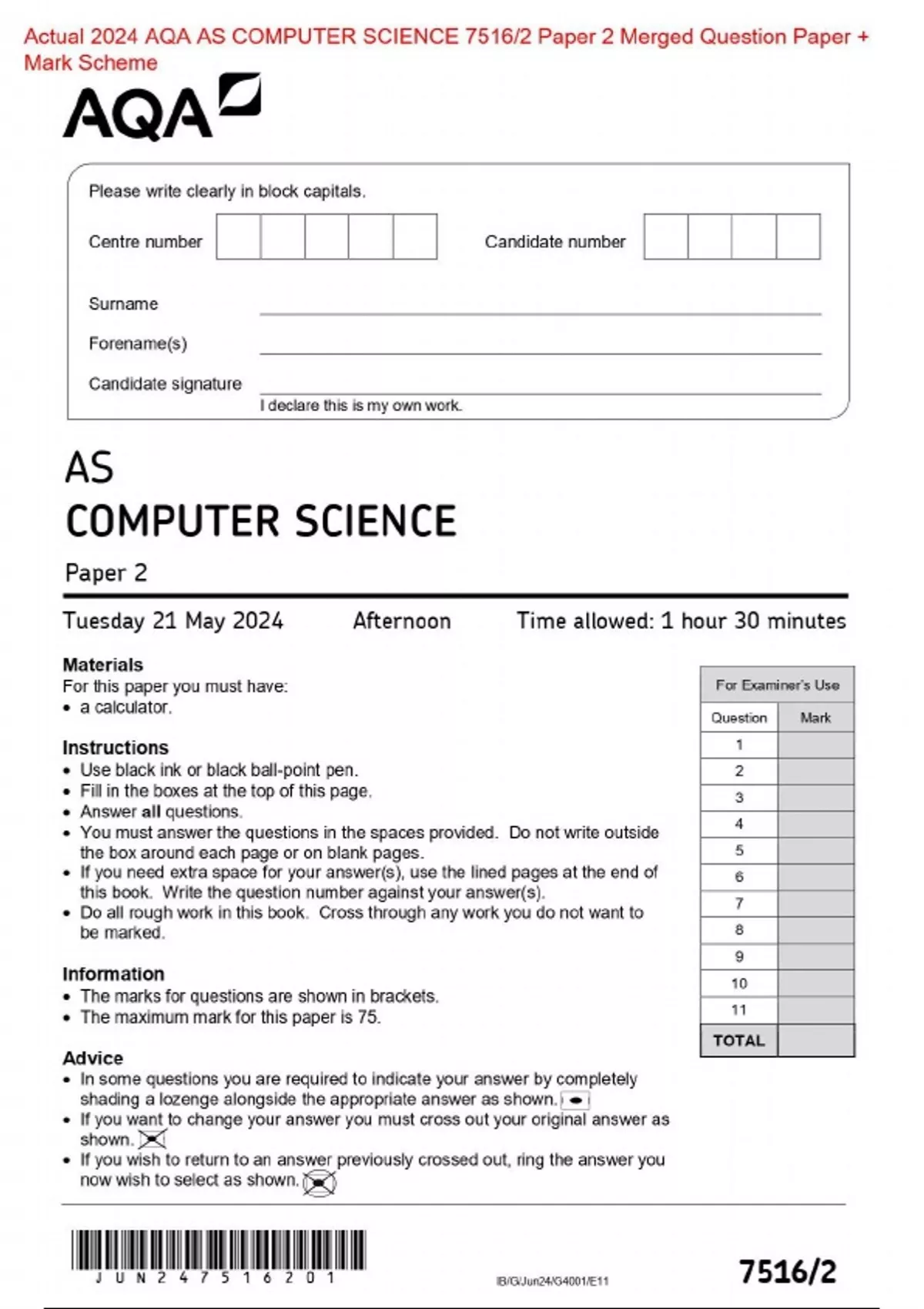 Actual 2024 AQA AS COMPUTER SCIENCE 7516/2 Paper 2 Merged Question ...